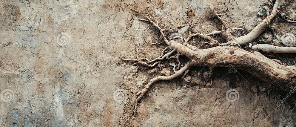 Root System Intertwining with Textured Clay Wall in a Natural Setting ...