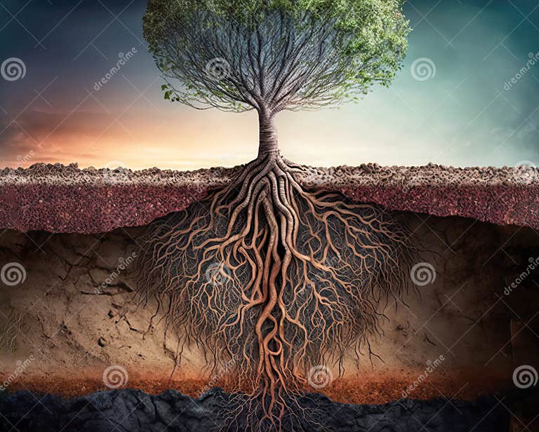 Root System of a Tree Growing Deep through Layers of Soil and Rock ...