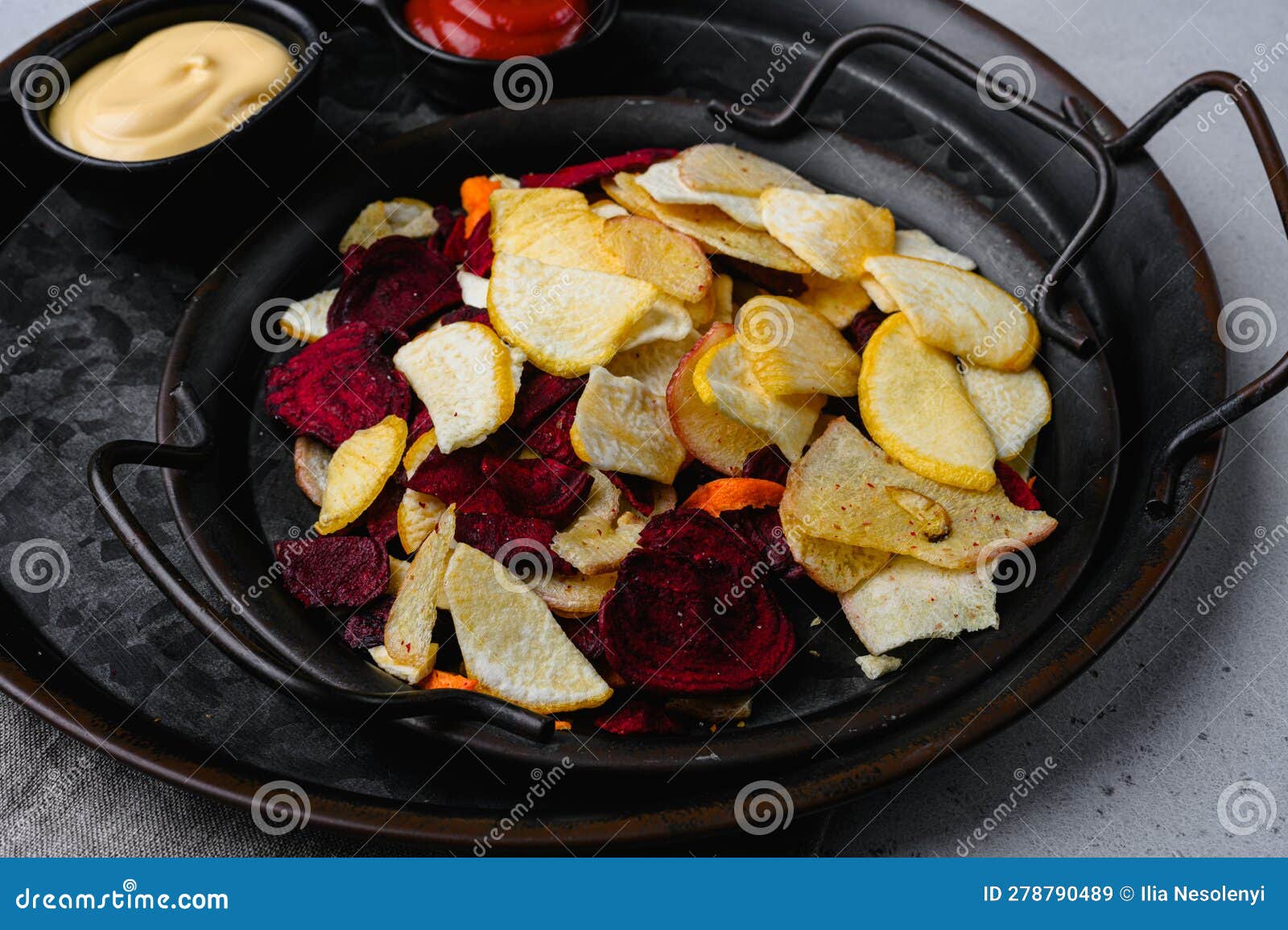 Root Vegetable Crisps, on Gray Stone Table Background Stock Image ...