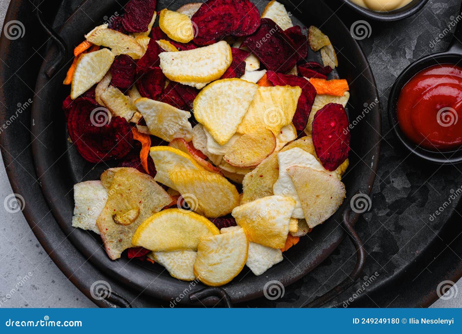 Root Vegetable Crisps, on Gray Stone Table Background, Top View Flat ...