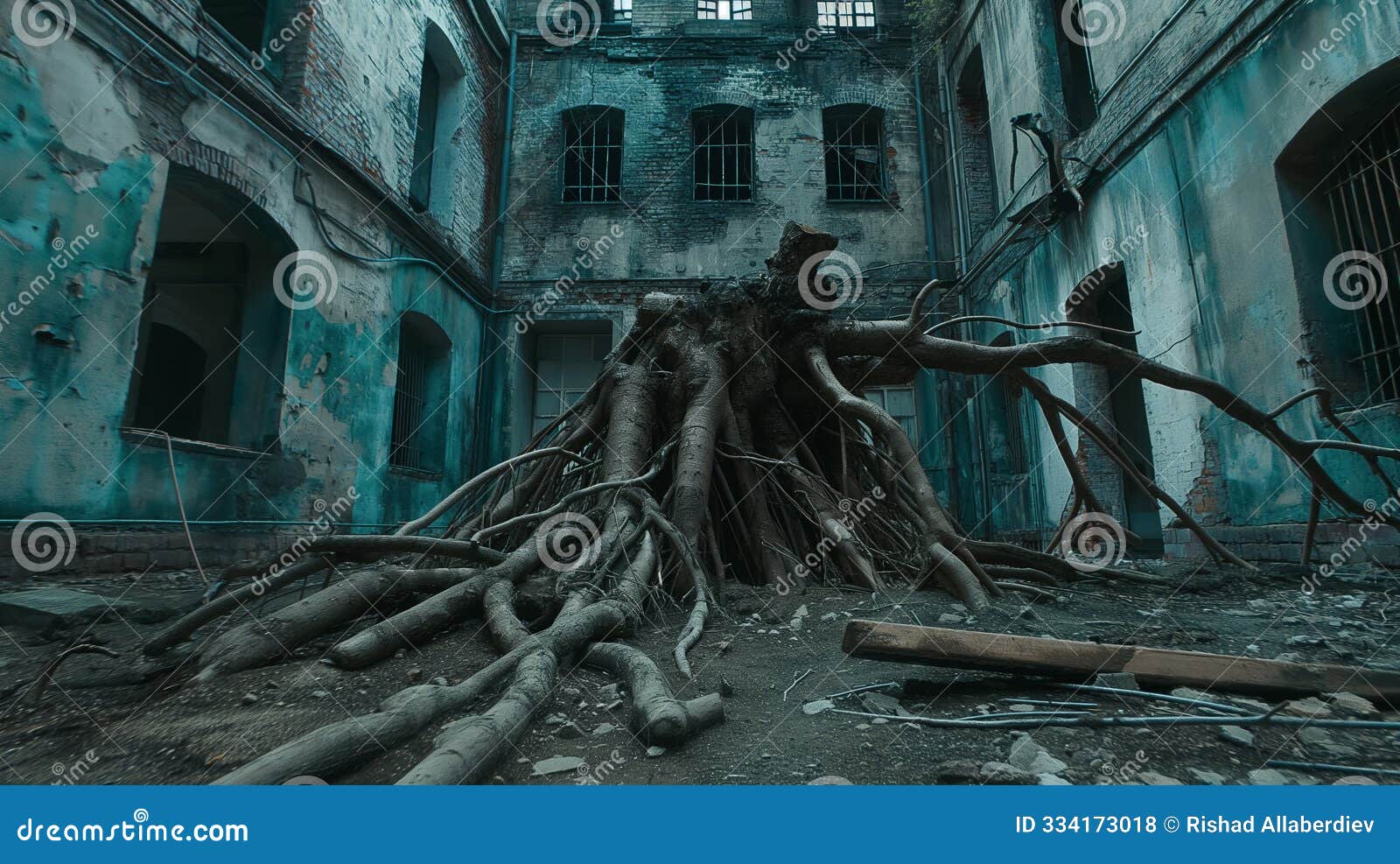Roots Overrunning a Dilapidated Building Stock Illustration ...