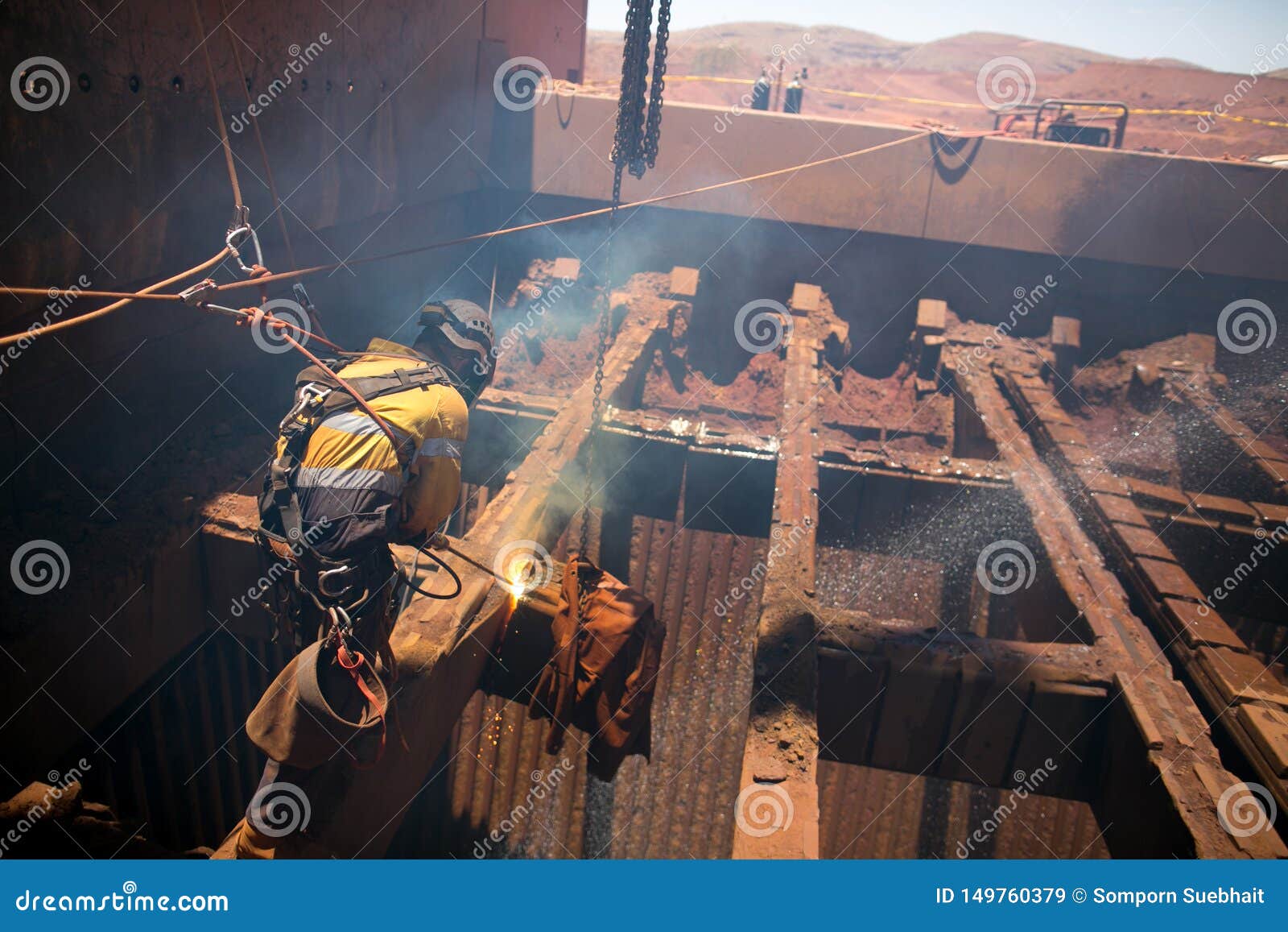 Rope Access Boiler Maker Abseiler Wearing Safety Harness, Helmet ...