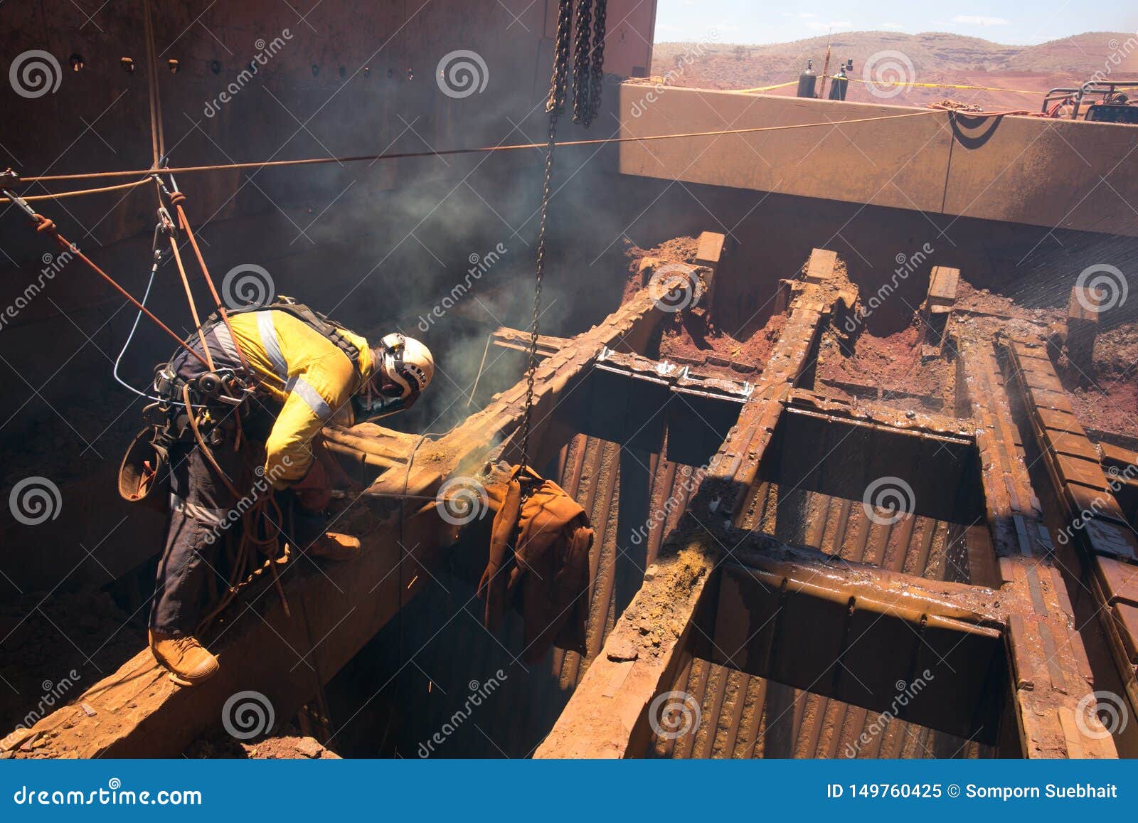 Rope Access Boiler Maker Abseiler Wearing Safety Harness, Helmet ...