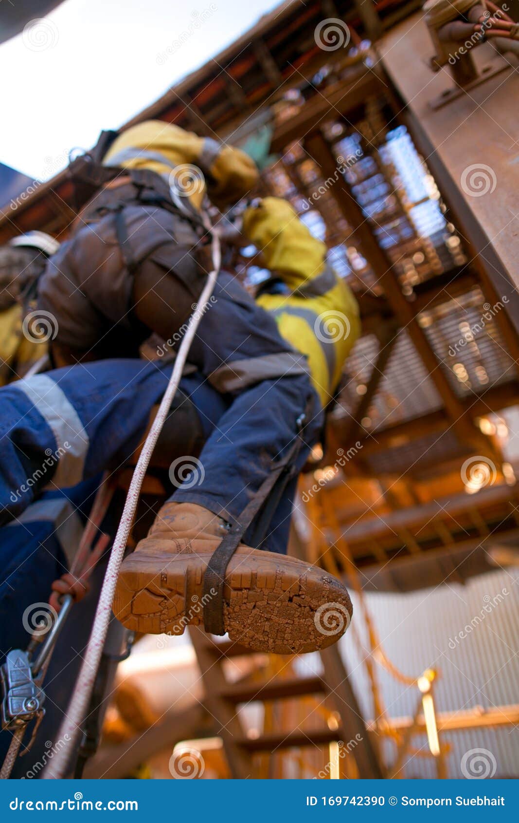 Rope Access Miner Working at Heights Hangin on Two Rope Commencing ...