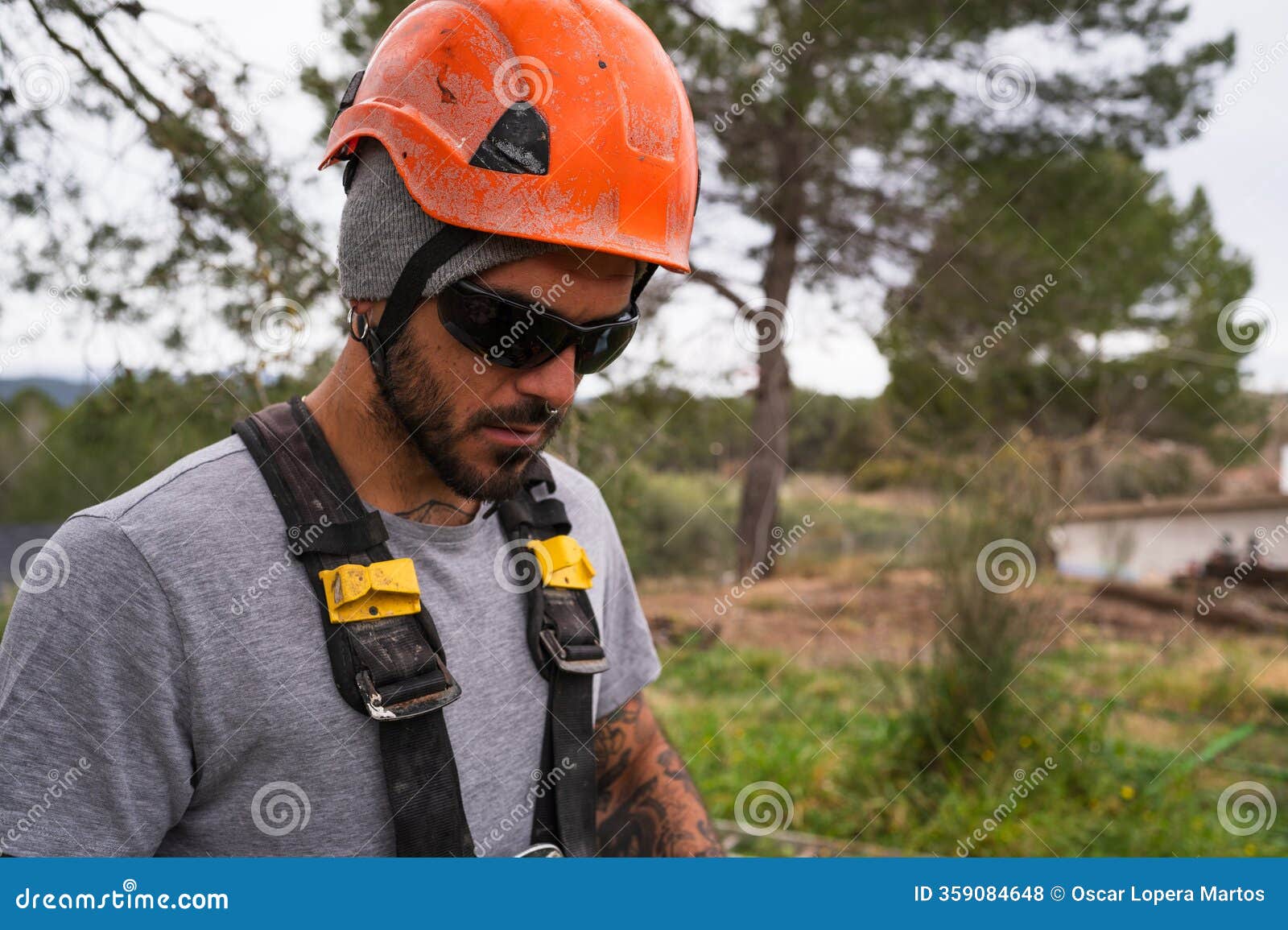 Rope Access Technician Wearing Safety Helmet and Harness Preparing for ...