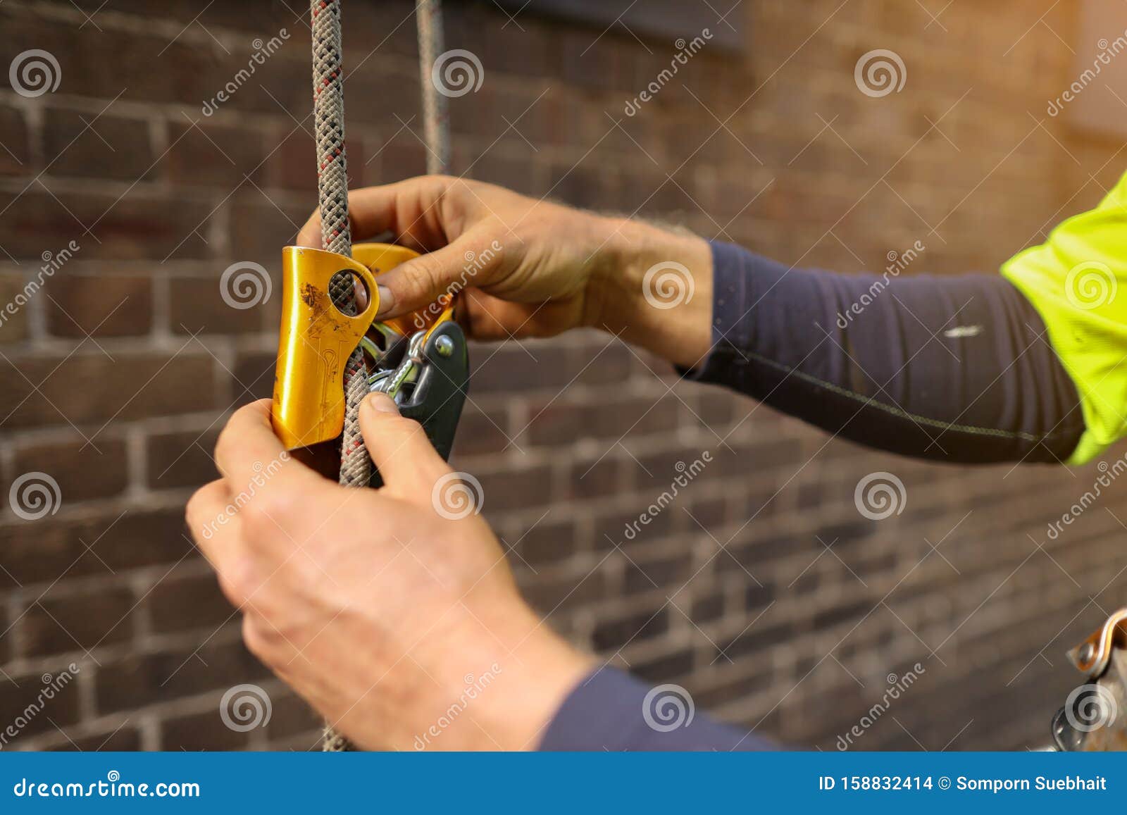 Rope Access Worker Inserting Self Controller Stopper A Fall Arrester ...