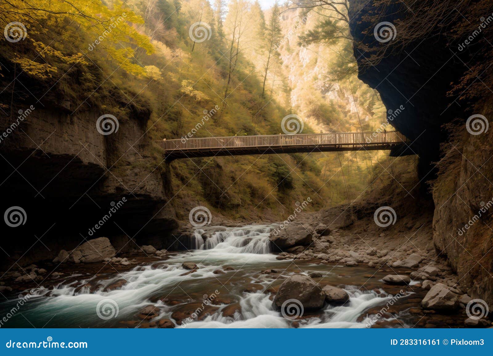 A Rope Bridge Spanning a Deep Ravine Bathed in Golden Light Stock ...