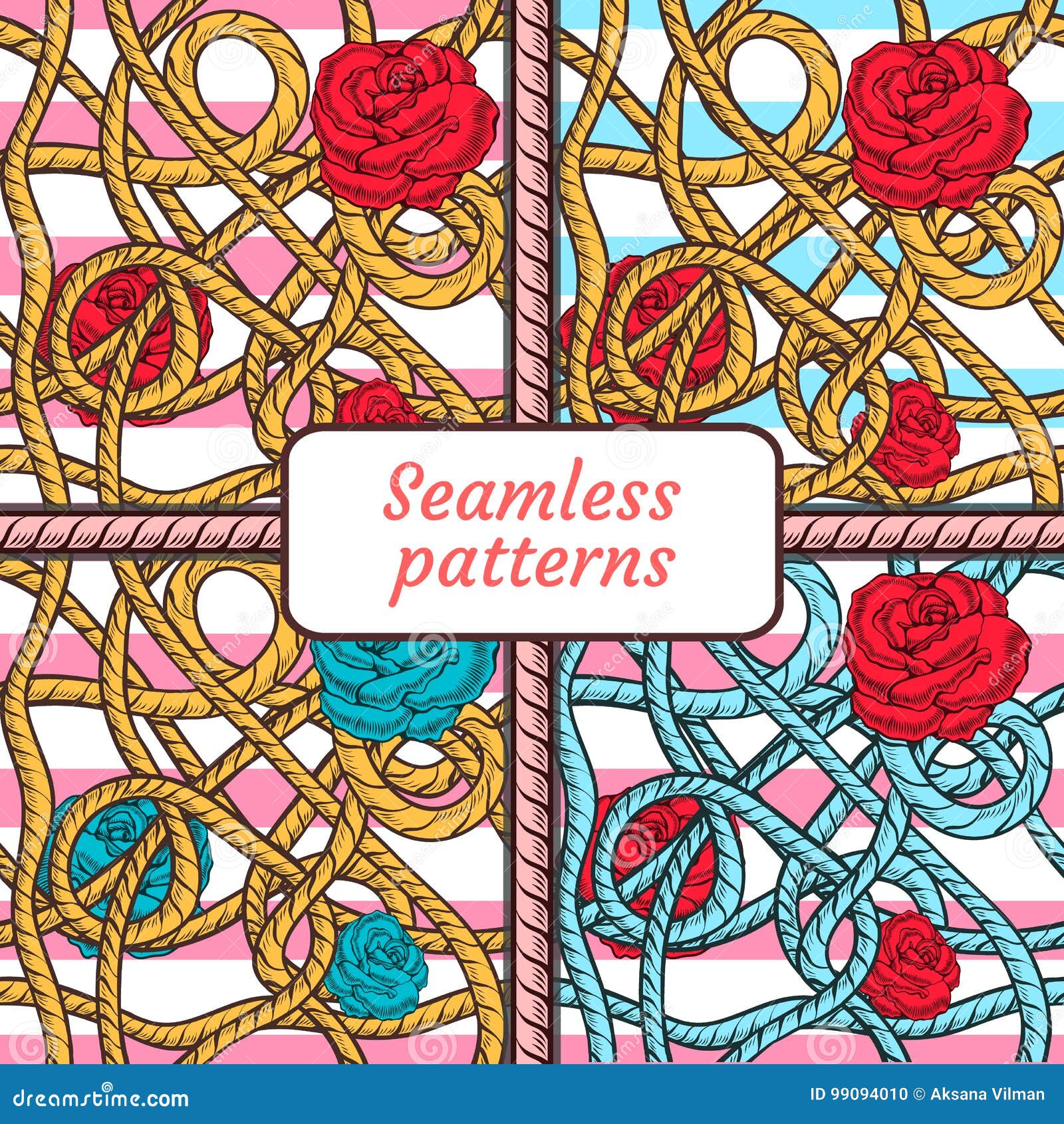 Rope and Flowers. Four Patterns Stock Vector - Illustration of brown ...