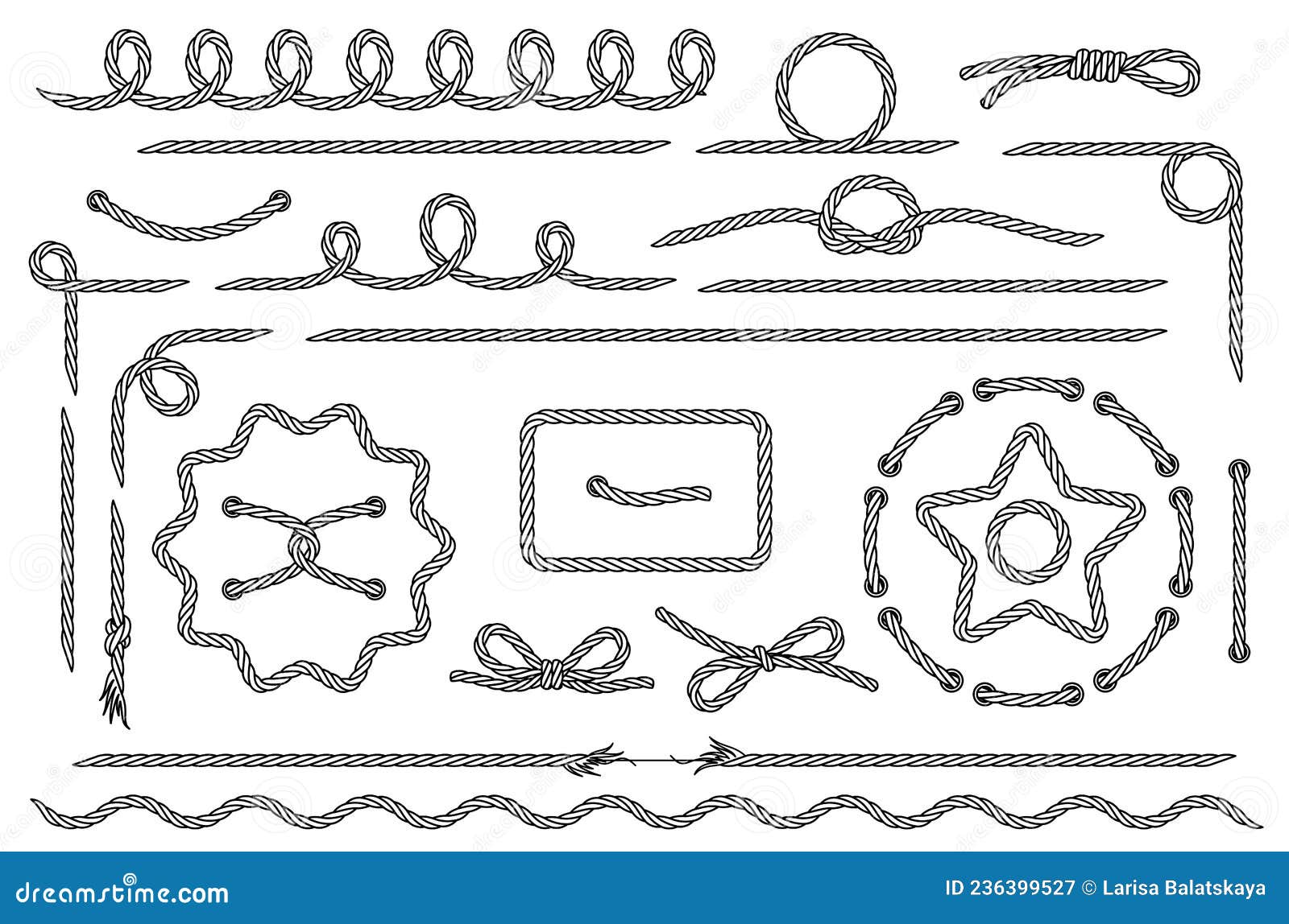 Rope. Set of Various Decorative Rope Elements. Isolated Black Outline ...