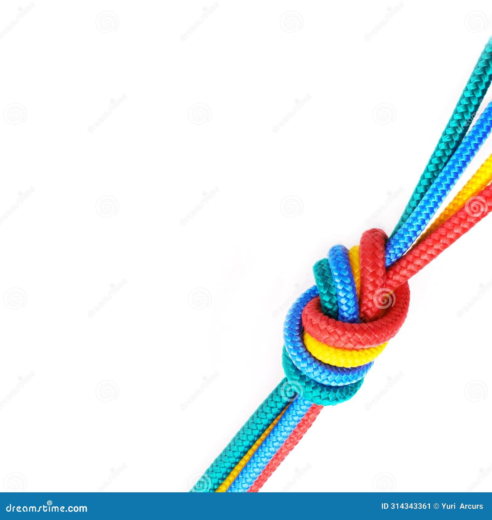 Rope, Ties and Connection of Color in Knot or Braid on White Background ...