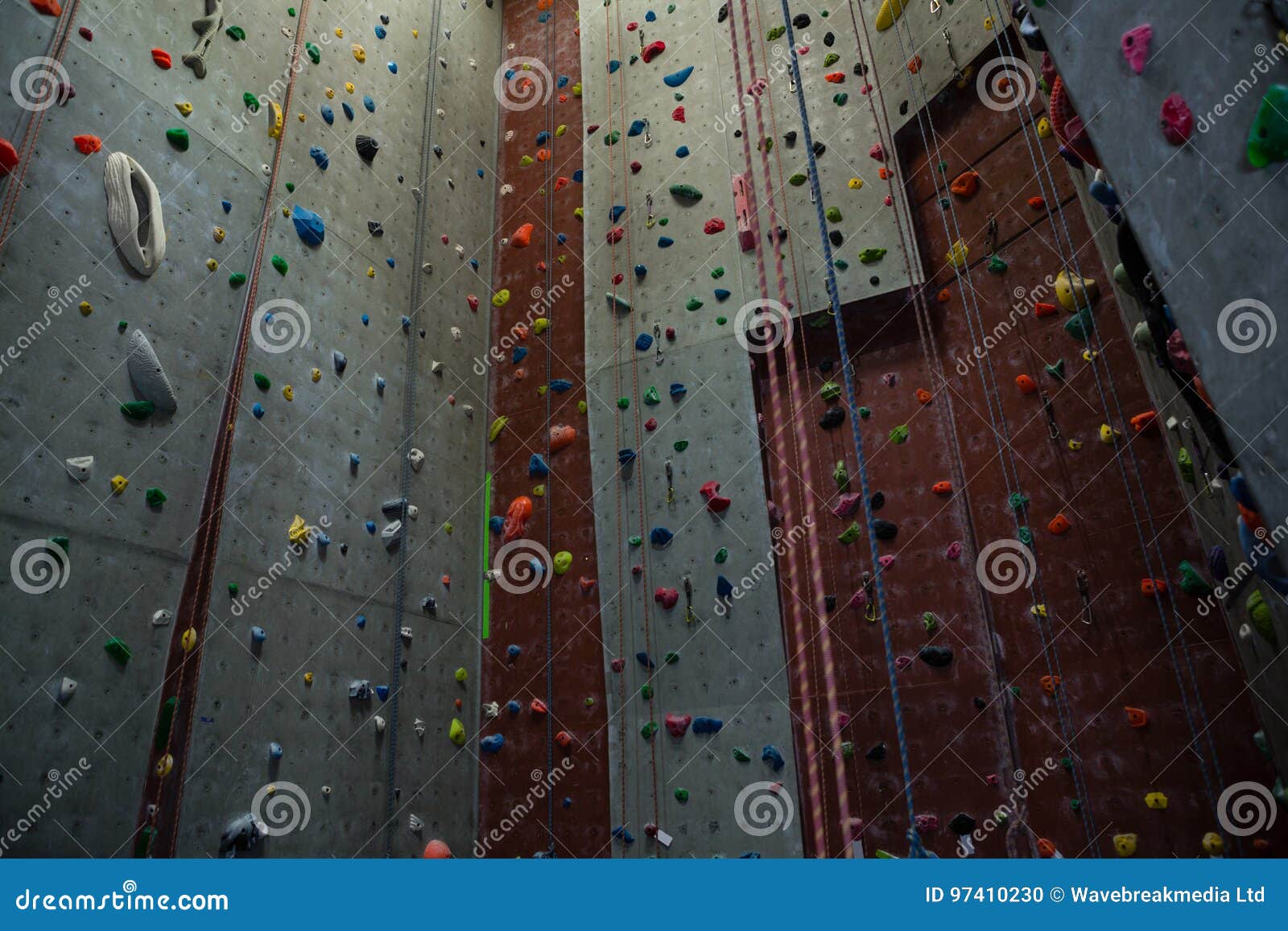 Ropes Hanging by Climbing Wall in Gym Stock Photo - Image of strength ...