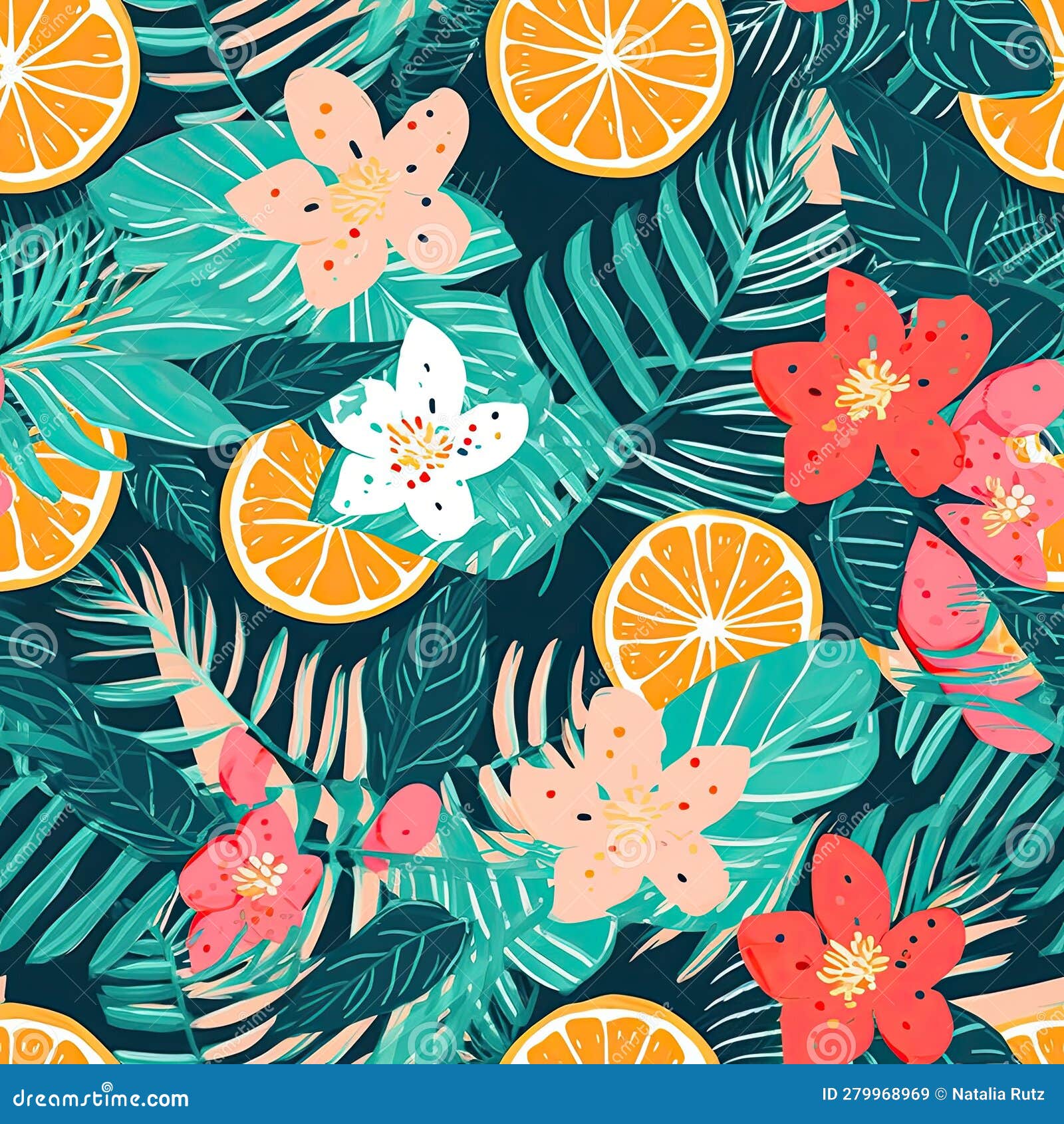 Ropical Foliage, and Vibrant Fruit Motifs Pattern Stock Illustration ...