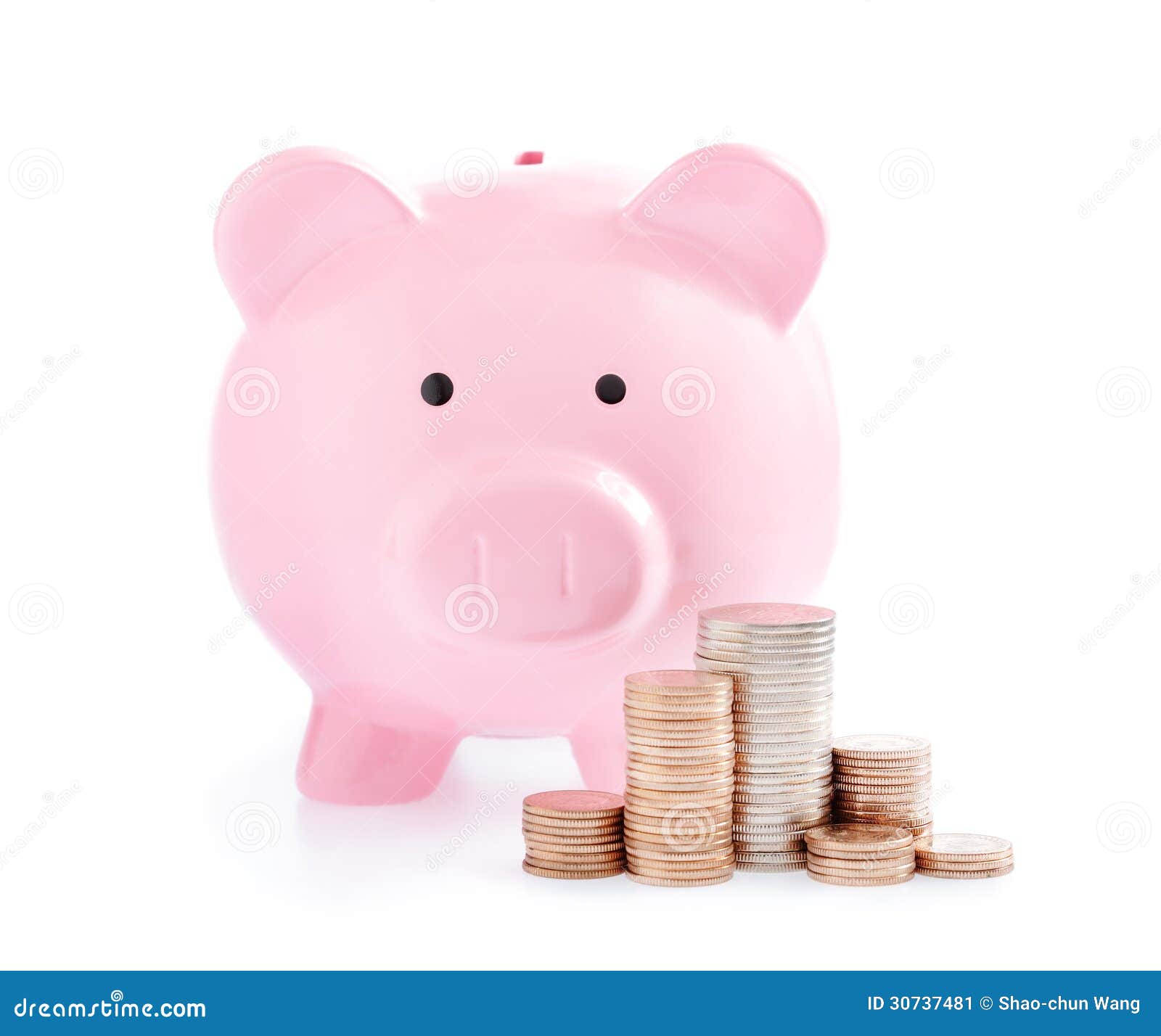 Rosa Spargris Och Buntar Av Pengarmynt Fotografering för Bildbyråer ...