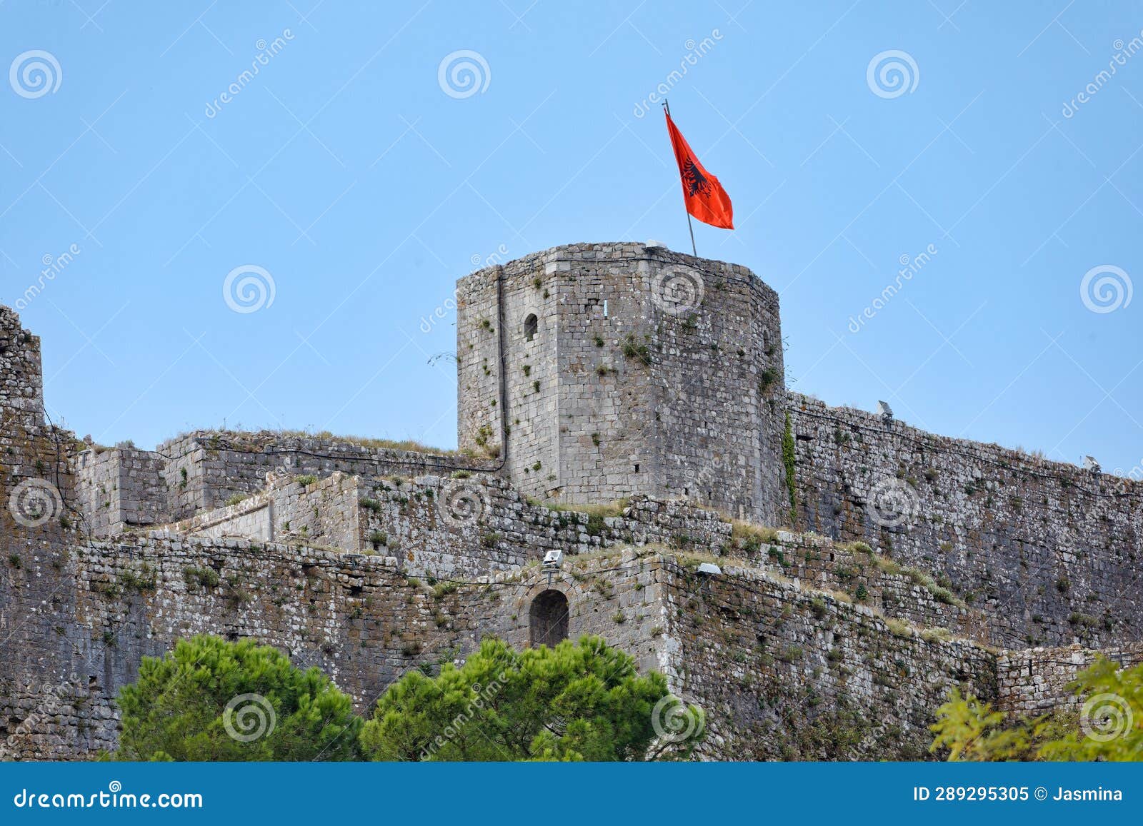 Rosafa Castle Walls with Waving Albanian Flag in Shkoder Stock Image ...