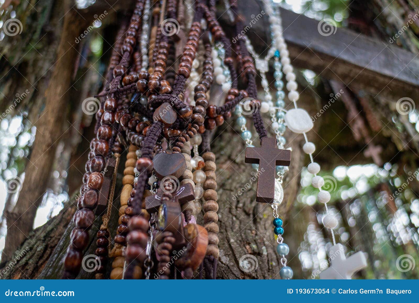 Rosaries Hanging from a Tree Stock Photo - Image of crucifix, concept ...