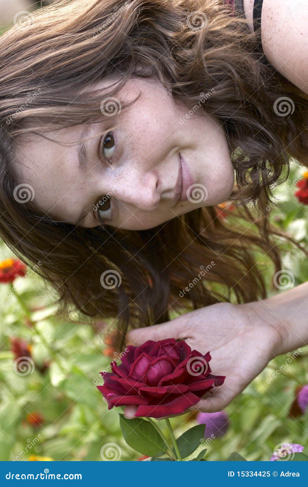 Portrait of a Happy Girl Holding a Rose Stock Image - Image of flower ...