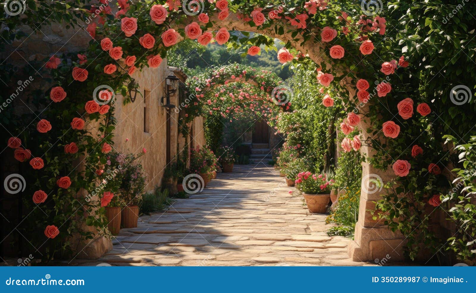 Rose Archway Pathway Garden Scene a Charming Walkway Stock Illustration ...