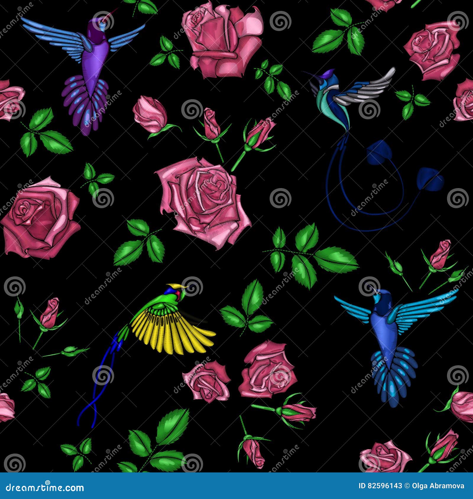 Rose and bird embroidery stock vector. Illustration of bird - 82596143