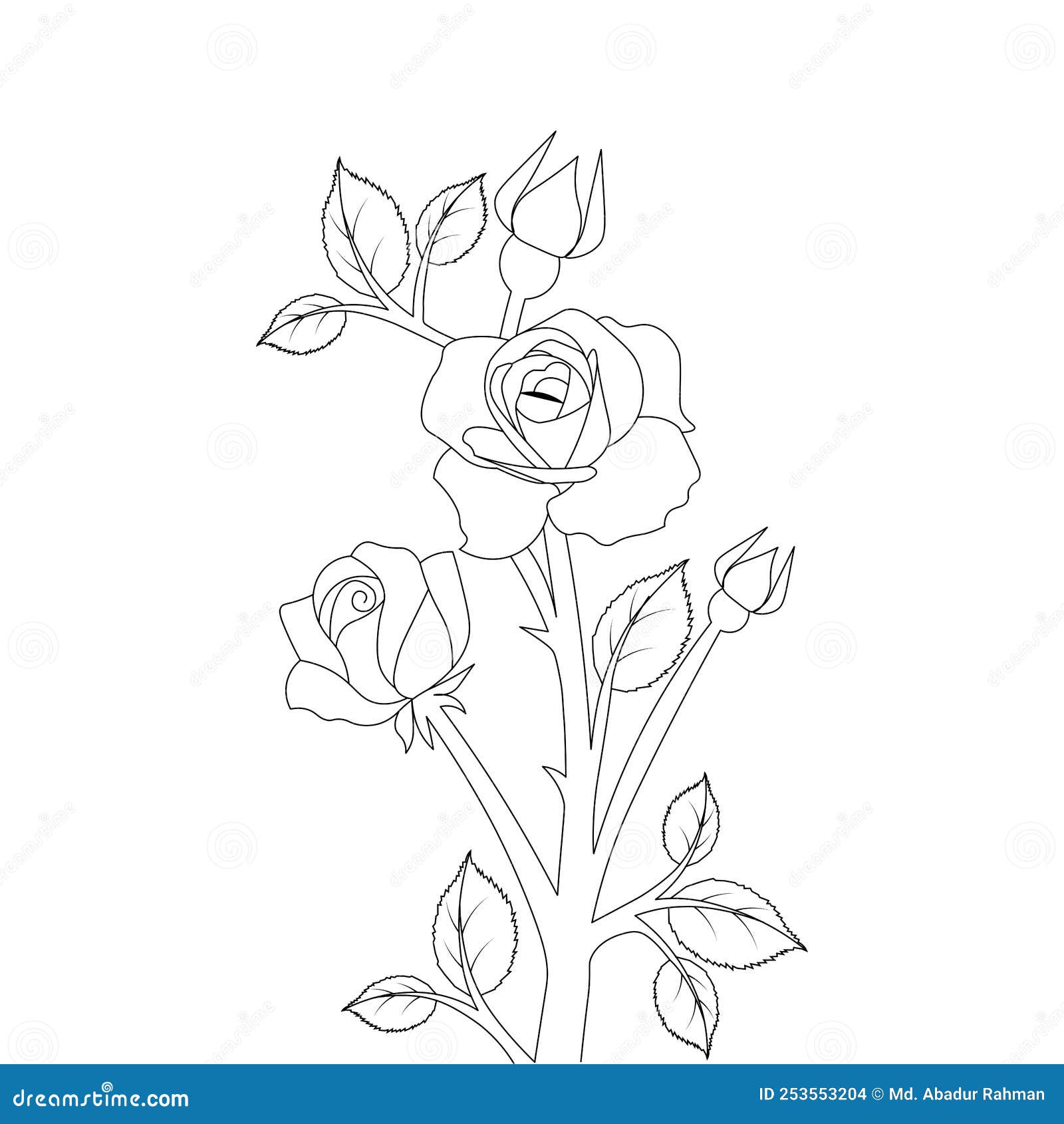 Rose Flower Coloring Page Template for Kids Educational Print Element ...