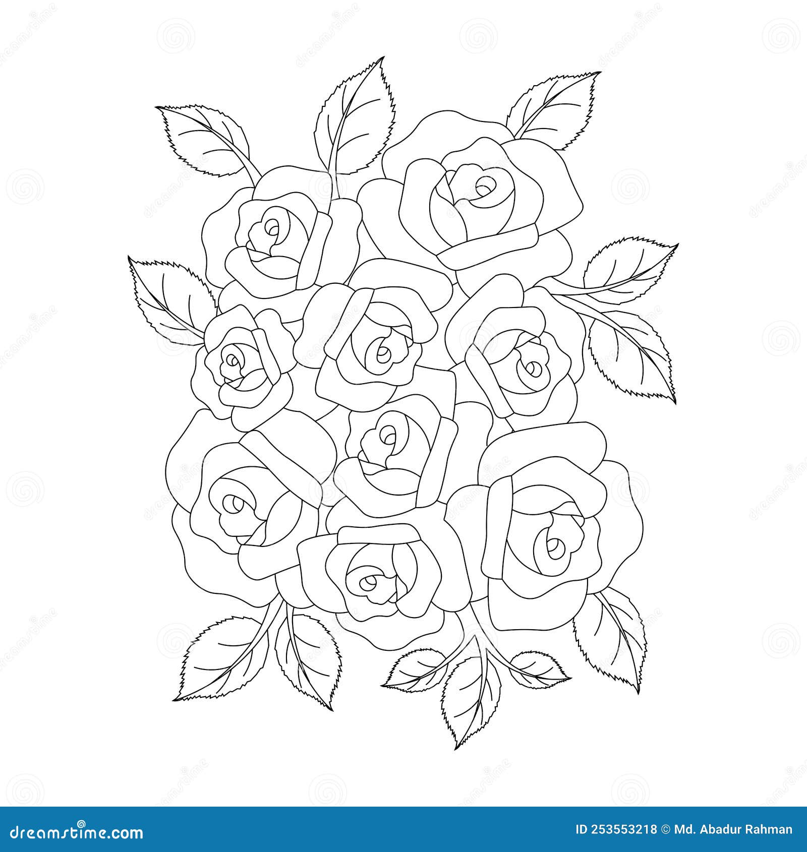 Rose Flower Coloring Page Template for Kids Educational Print Element ...