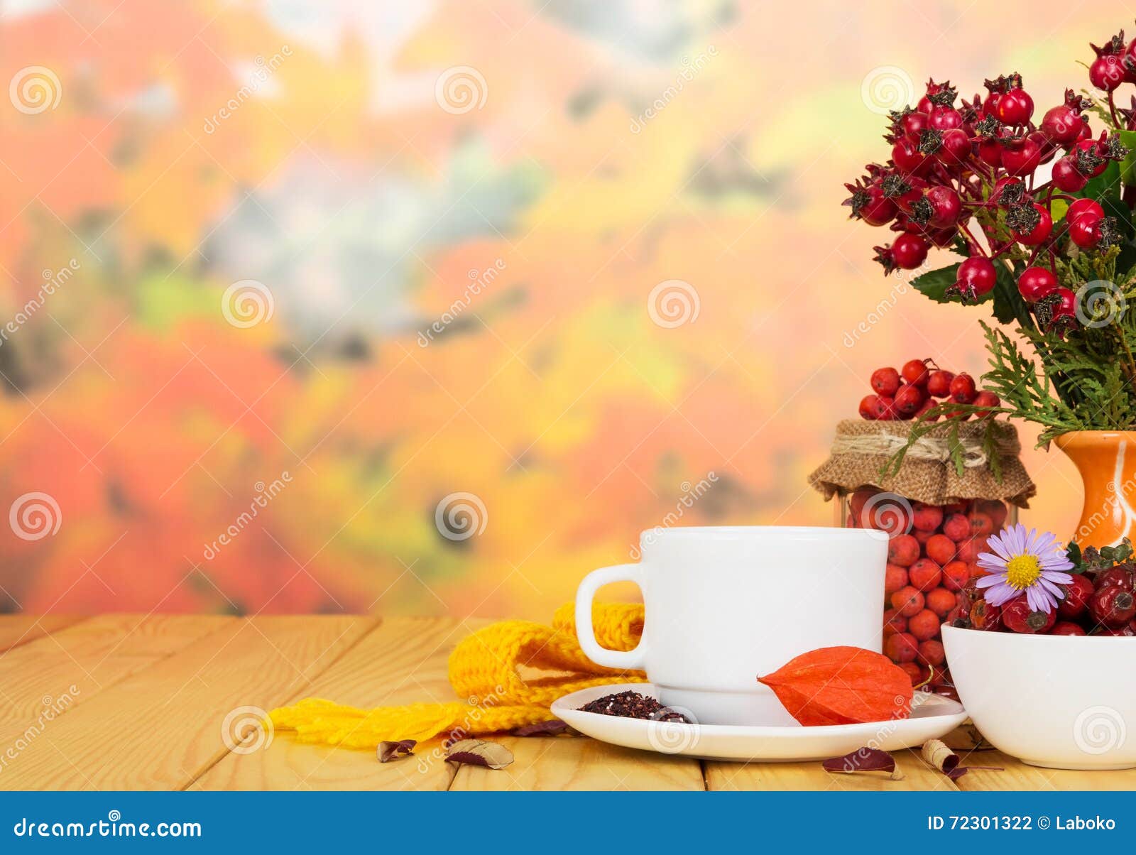Rose Hips, Rowan Berries, Cup Tea on Background Autumn Leaves. Stock ...