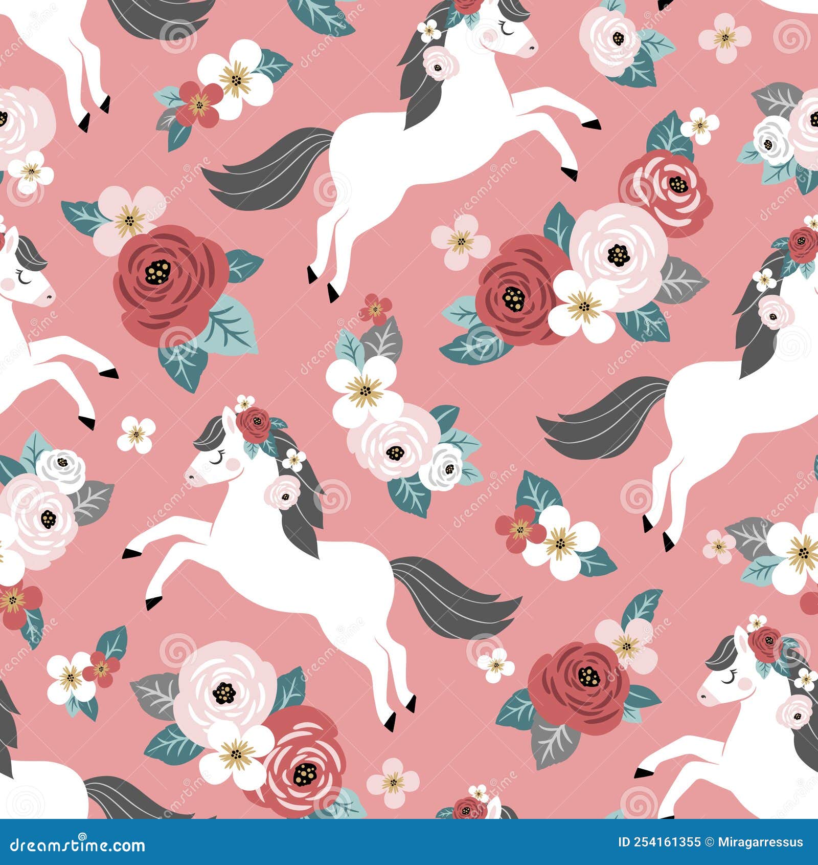 Seamless Vector Pattern with Cute White Horses on Vintage Pink Floral ...
