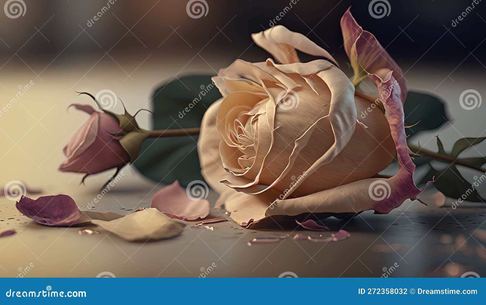A Rose that is Laying on the Ground with Petals Around it Stock ...