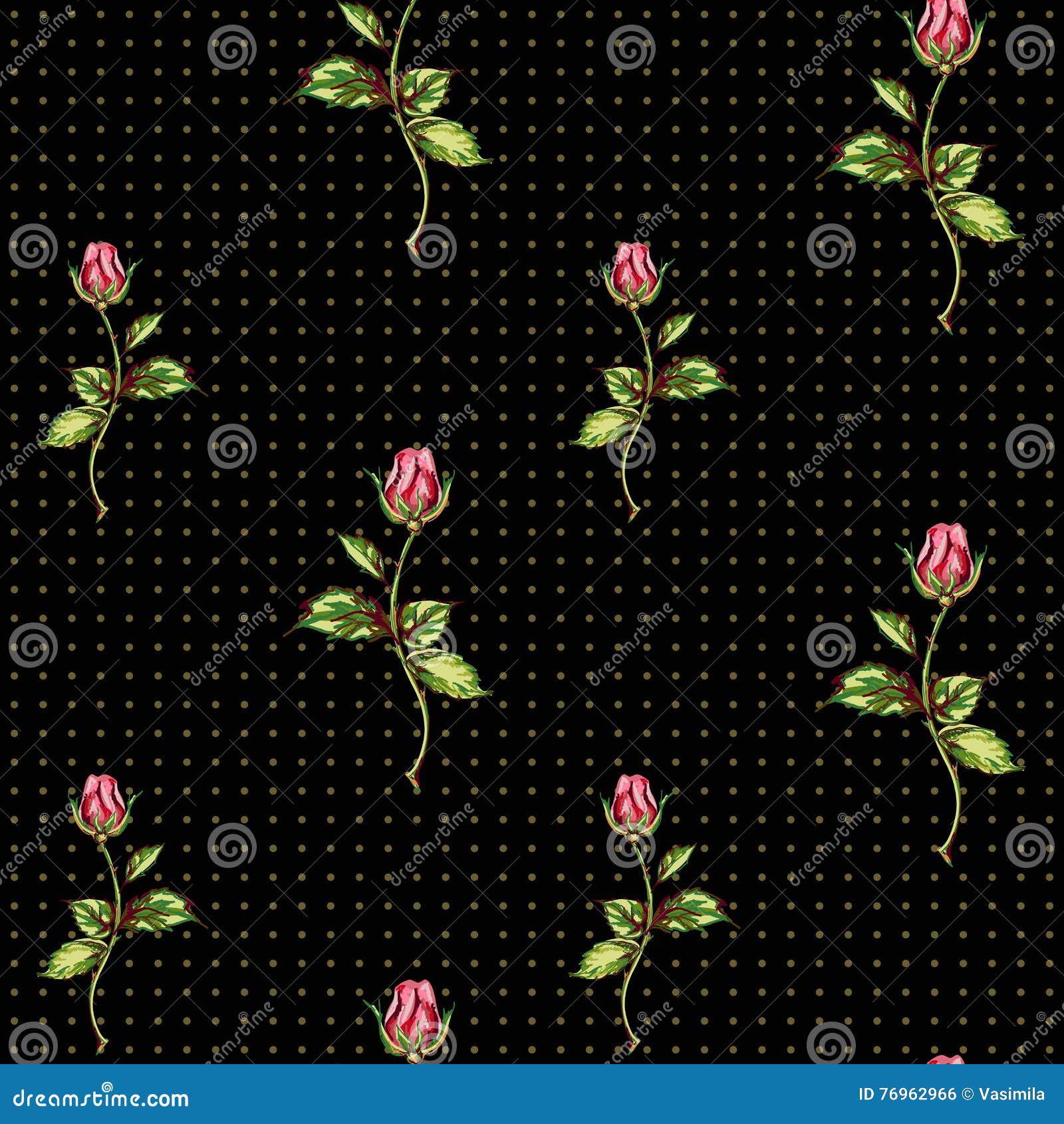Rose Pattern on Black with Dots Stock Vector - Illustration of elegance ...