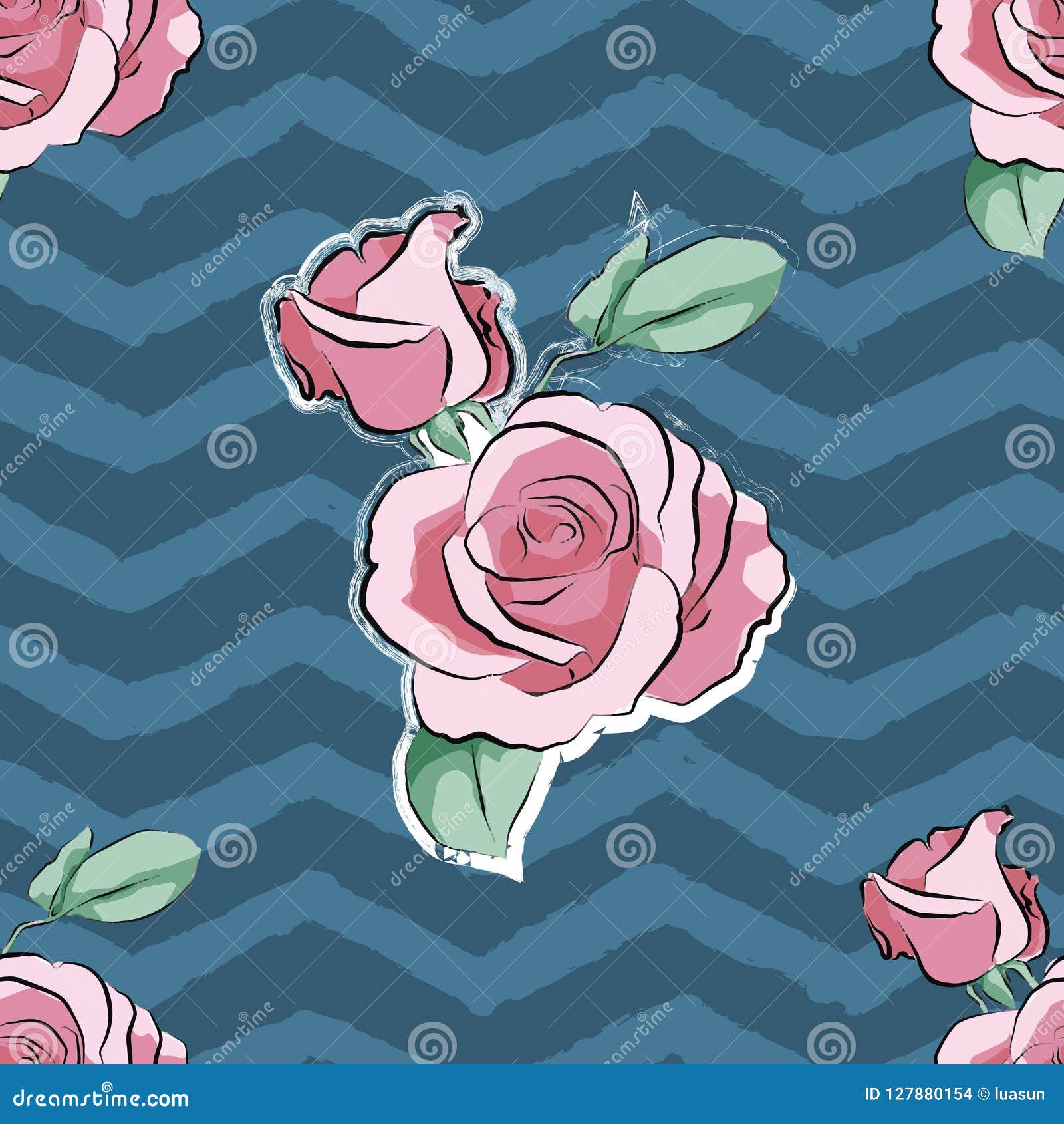Rose Pink Flower Hand Drawn Wave Strips Pattern Stock Vector ...