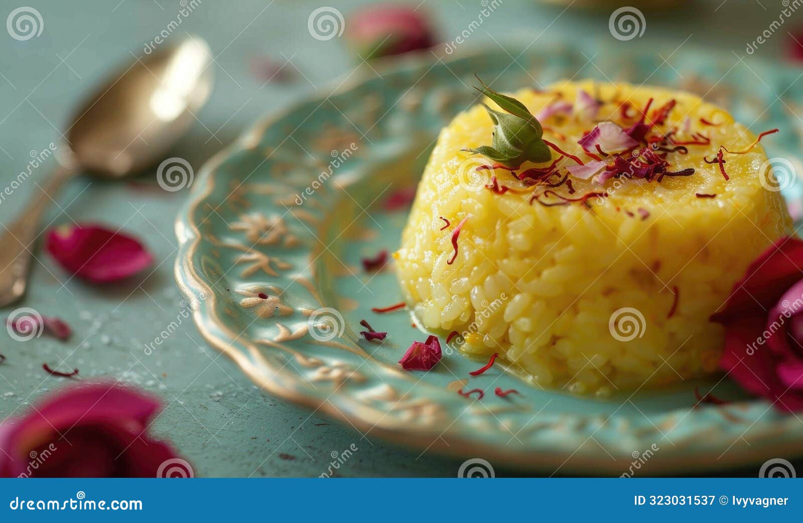 Rose and Saffron Rice Pudding on a Pastel Green Plate Stock Image ...