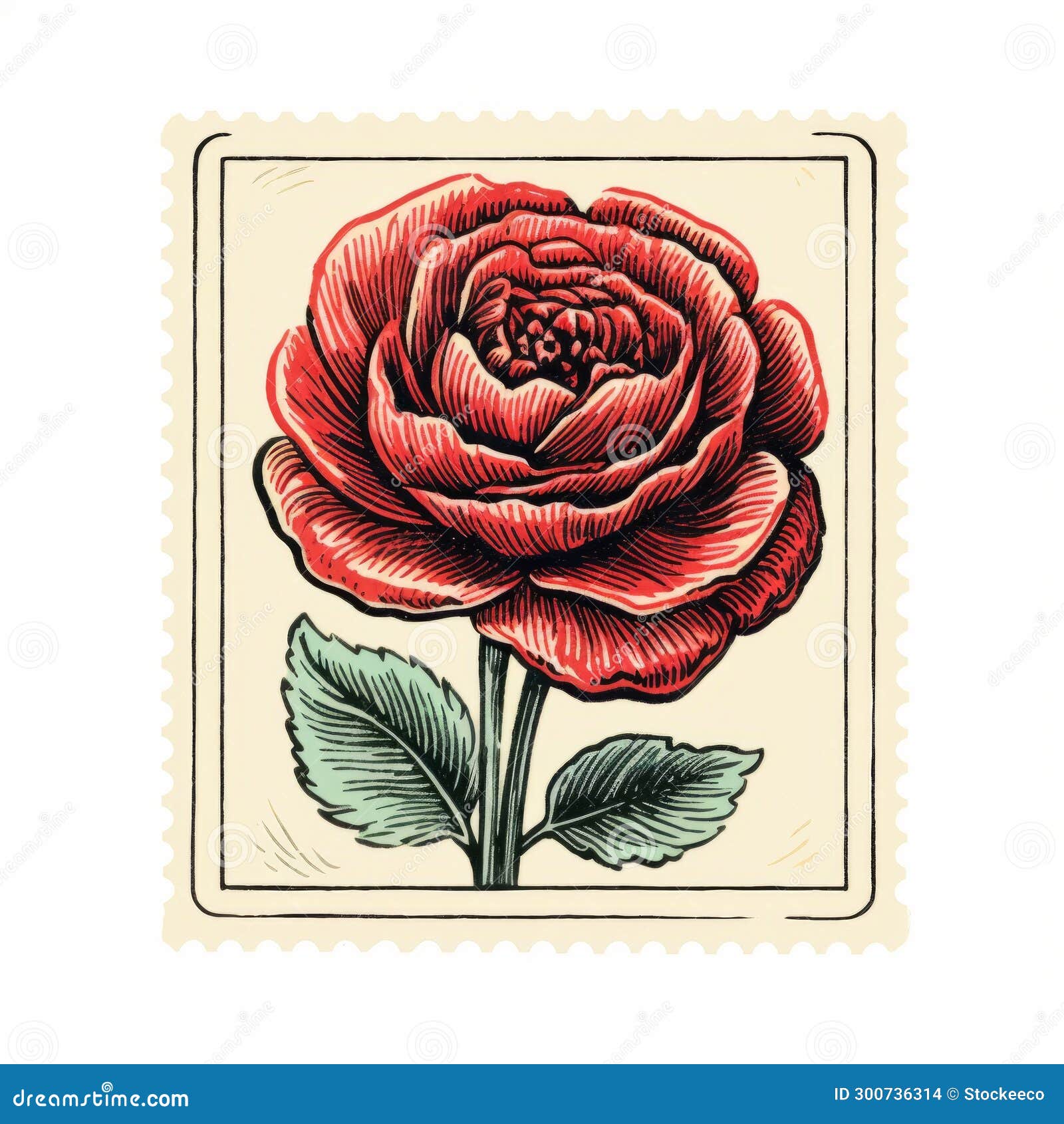 Hand Drawn Red Rose on Vintage Post Stamp - Simple and Colorful ...