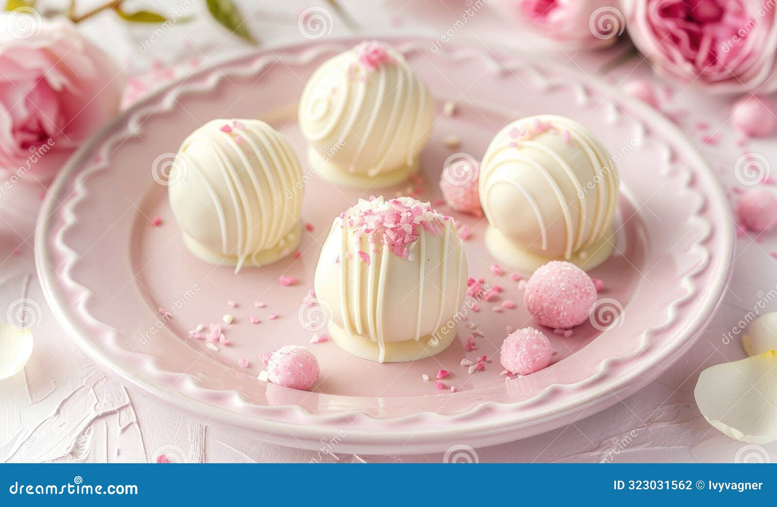 Rose and White Chocolate Truffles on a Pastel Pink Plate Stock Photo - Image of sugar, chocolate ...