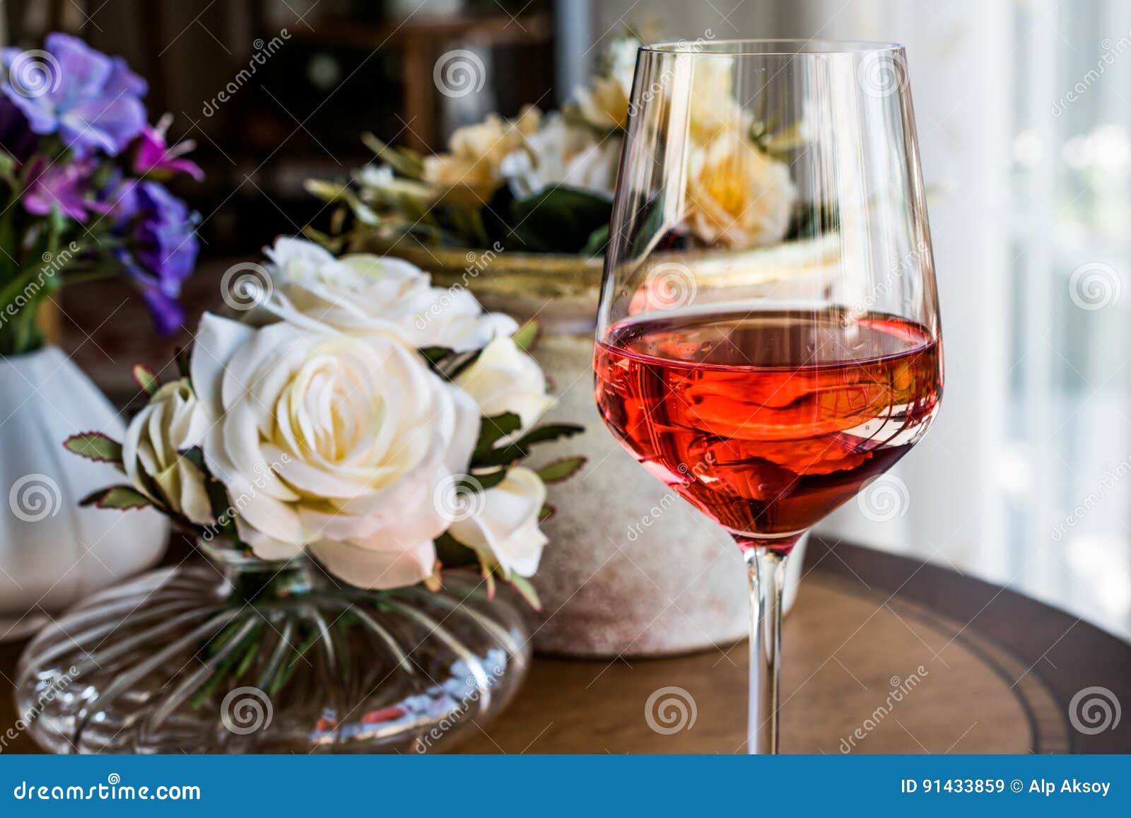 Rose Wine with Flowers Natural Light Stock Image - Image of glasses ...