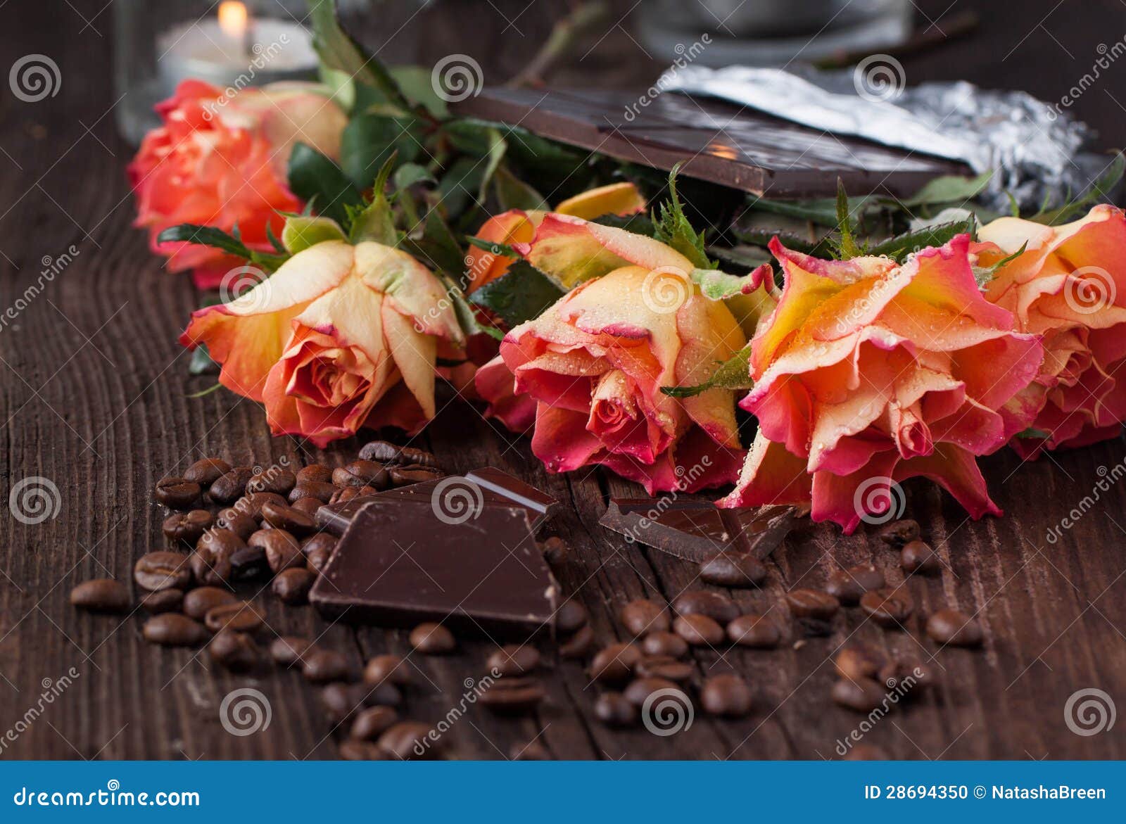 Roses, Chocolate and Coffee Beans Stock Photo - Image of color ...