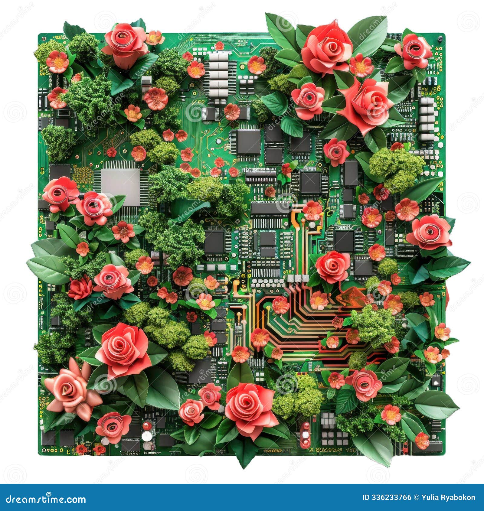 Beautiful Roses Growing from Green Computer Motherboard Stock ...