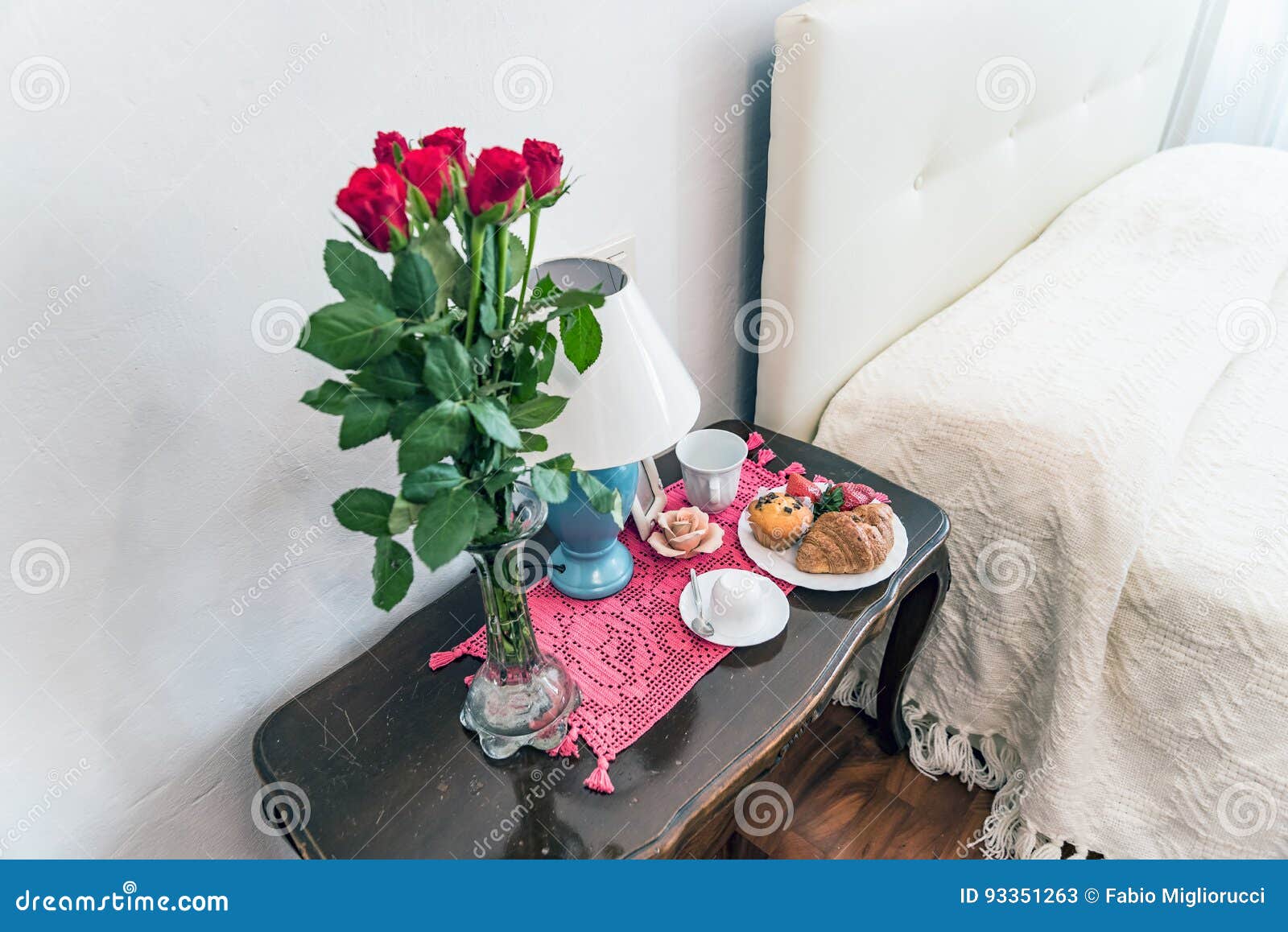 Roses with nice breakfast stock image. Image of lamp - 93351263