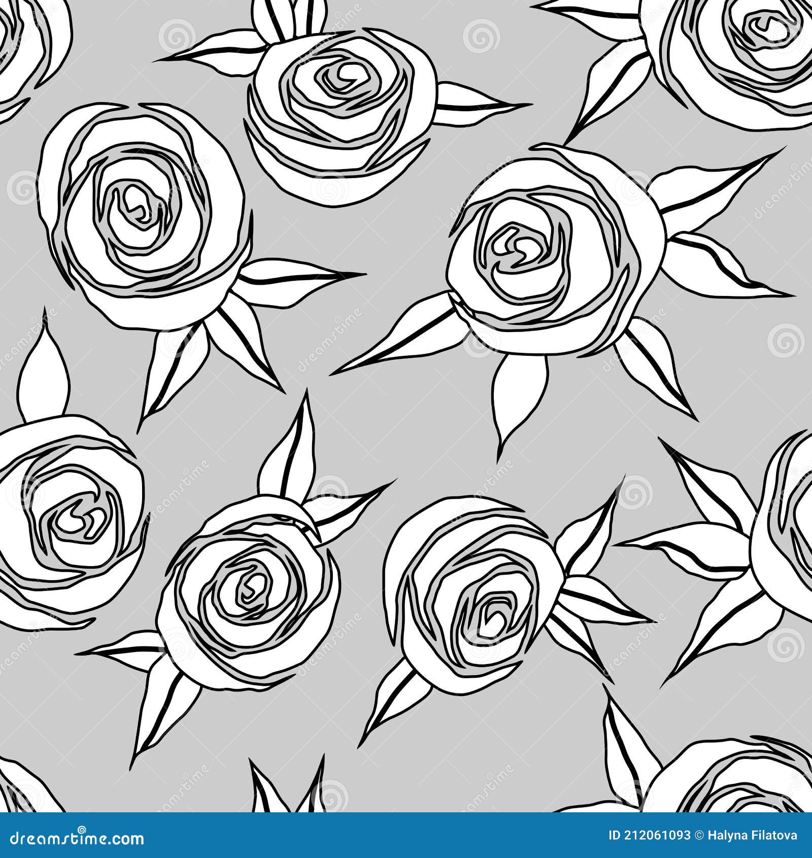 2620 Roses, Seamless Pattern with Stylized Roses in Monochrome Gray ...