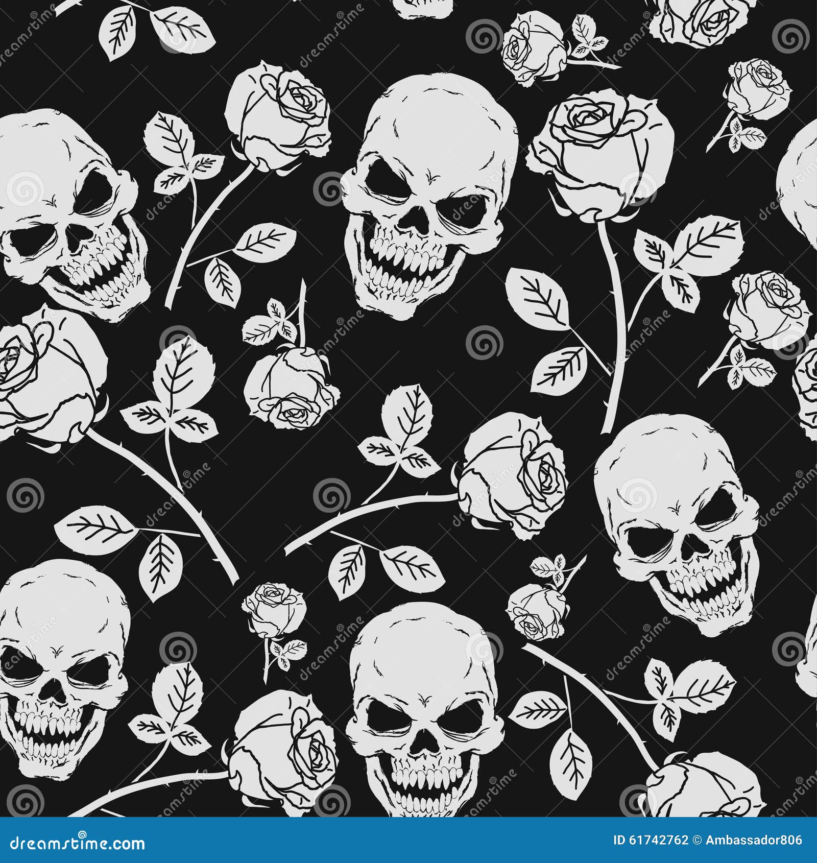 Roses and Skulls Seamless Pattern Stock Vector - Illustration of bone ...