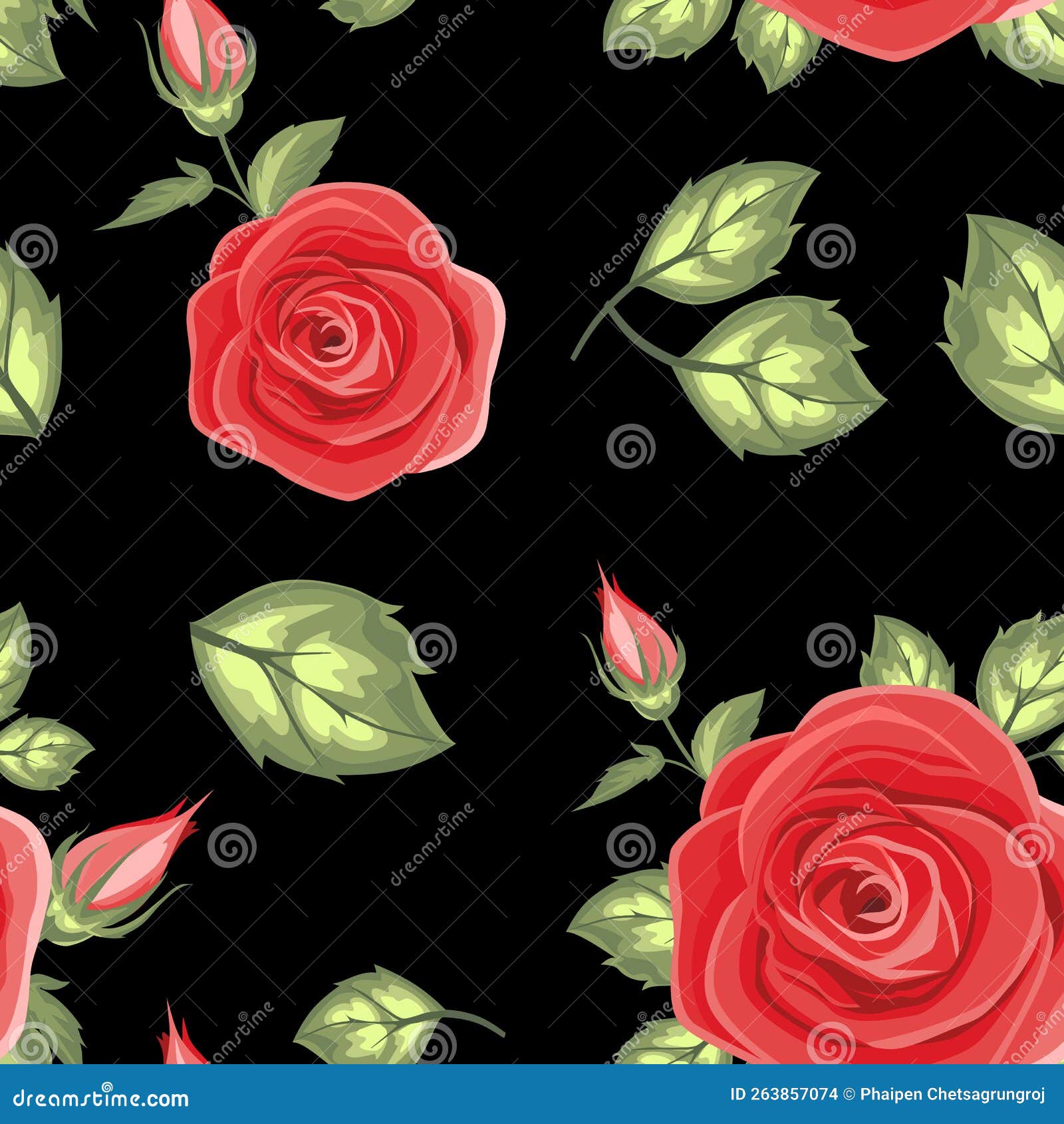 Roses Vector with Seamless Pattern on a Black Color Background Stock ...