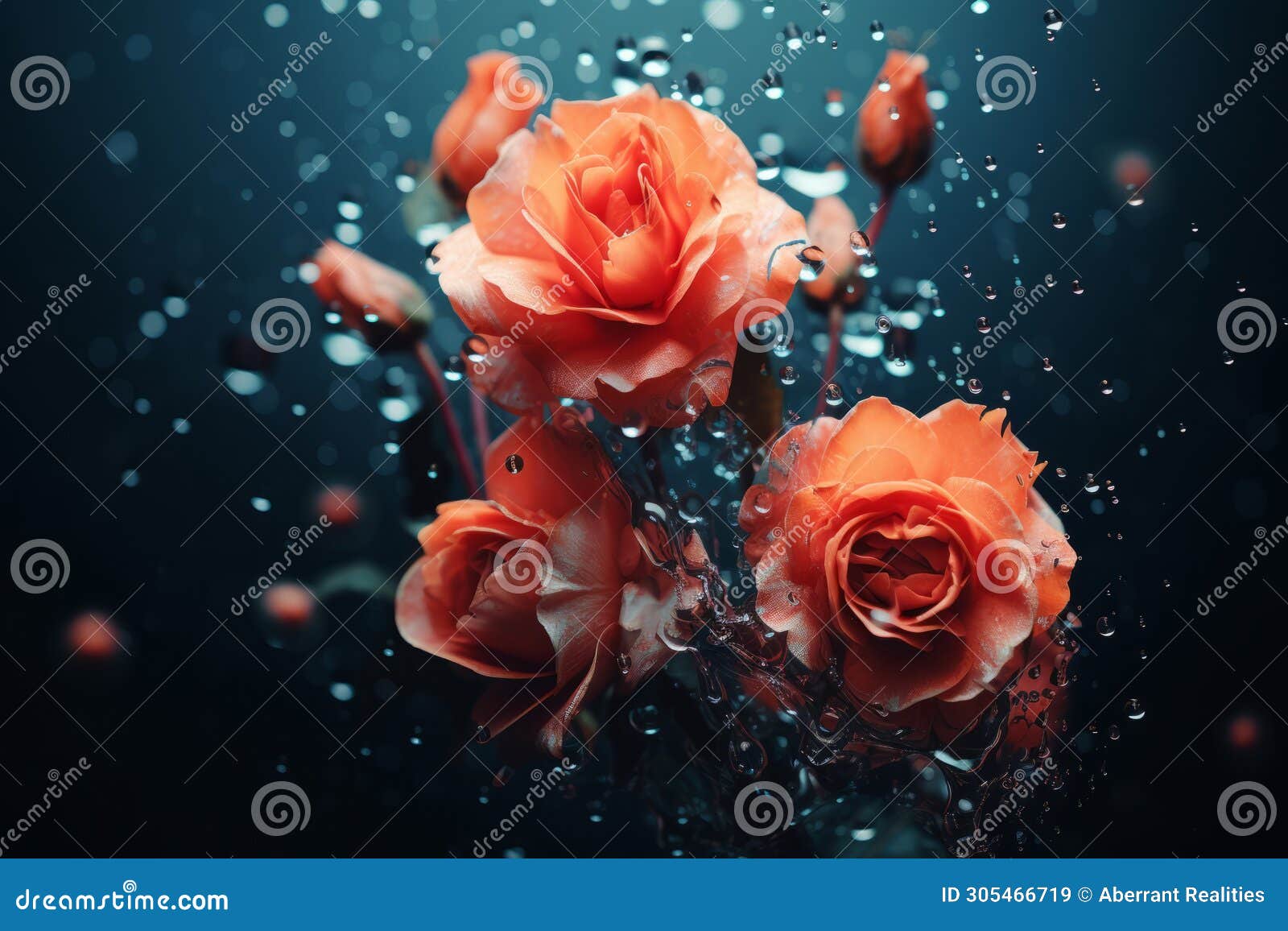 Roses in Water with Drops of Water on a Black Background Stock ...