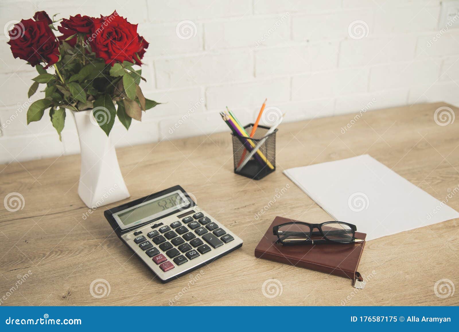 Roses with working desk stock image. Image of flower - 176587175