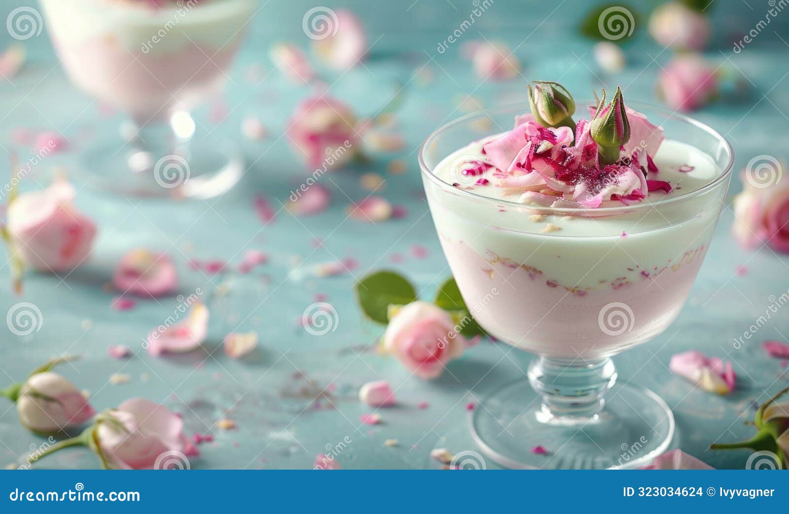 Rosewater Milk Pudding with Rose Syrup on a Light Blue Background Stock ...