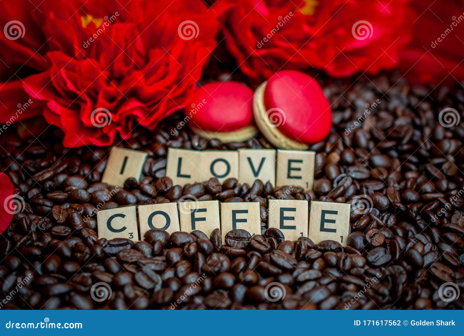 Red Macaroon On Rosted Coffee Beans Sexy Background With Red Flowers