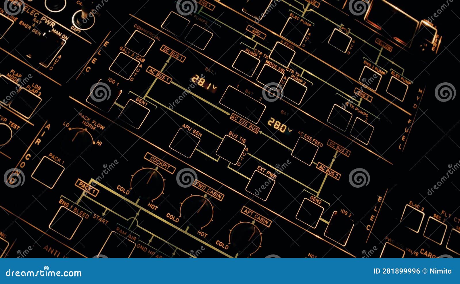 Rotating Close Shot of Powered on Overhead Panel of Modern Aircraft ...