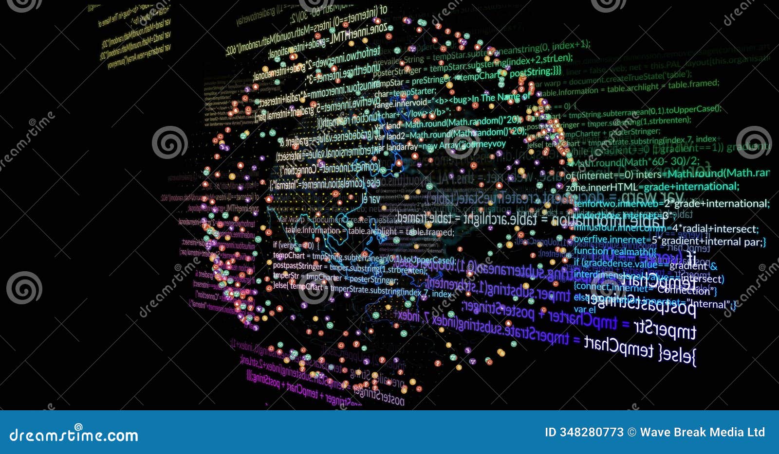Rotating Sphere Of Colorful Dots And Programming Code Image Stock Image Image Of Design