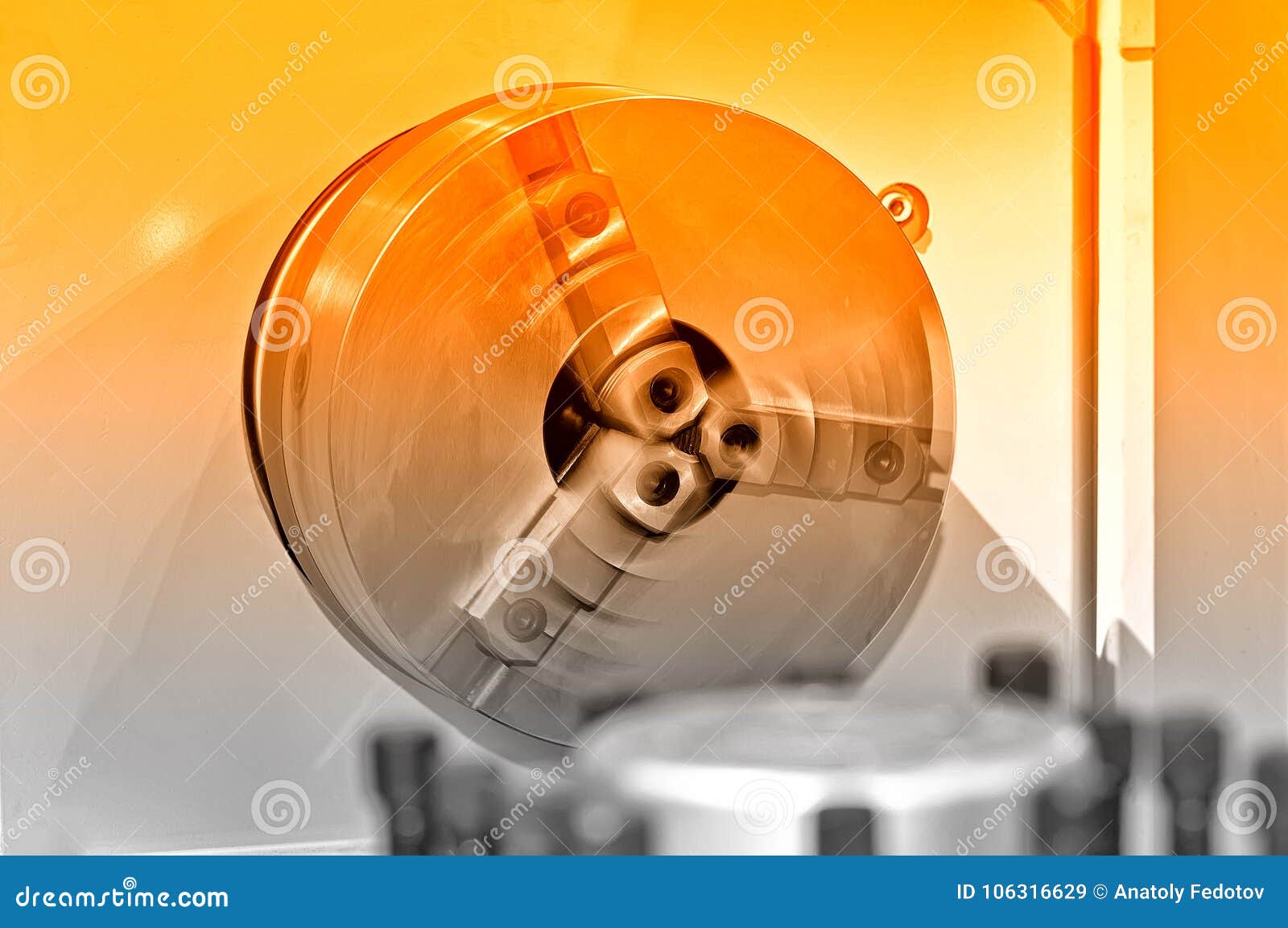 Rotating Spindle of the Industrial Lathe.Red Toning Stock Image - Image ...