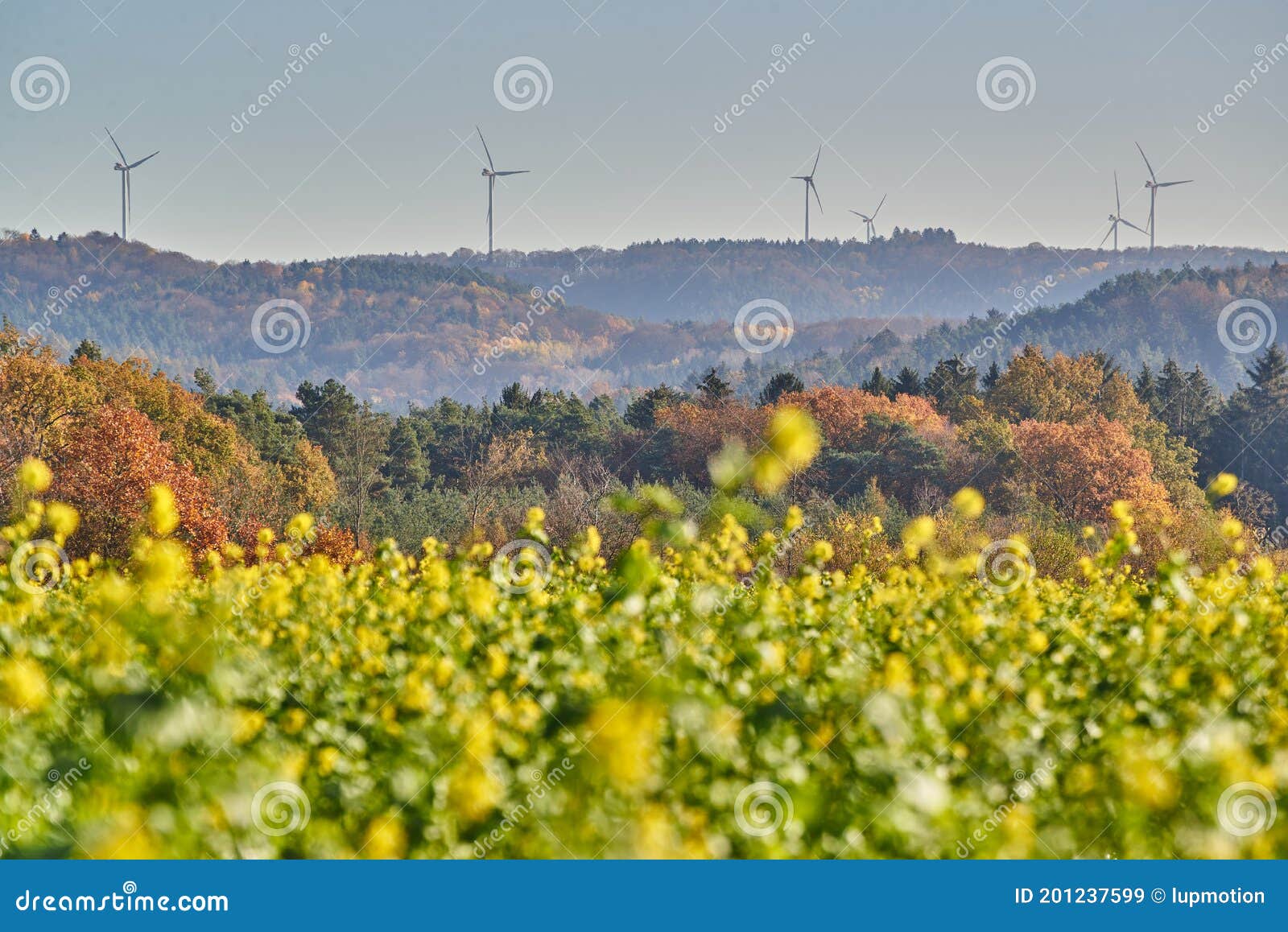 Rotating Wind Turbines on a Hill Behind a Field. Rotating Wind Power ...
