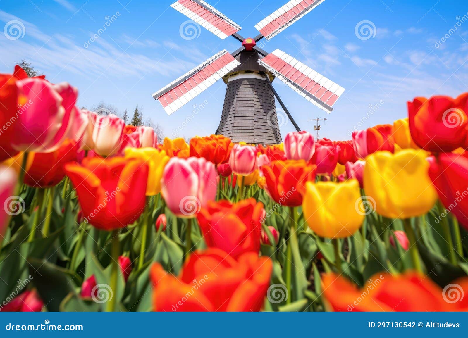 Rotating Windmill in a Tulip Field Stock Photo - Image of spring ...
