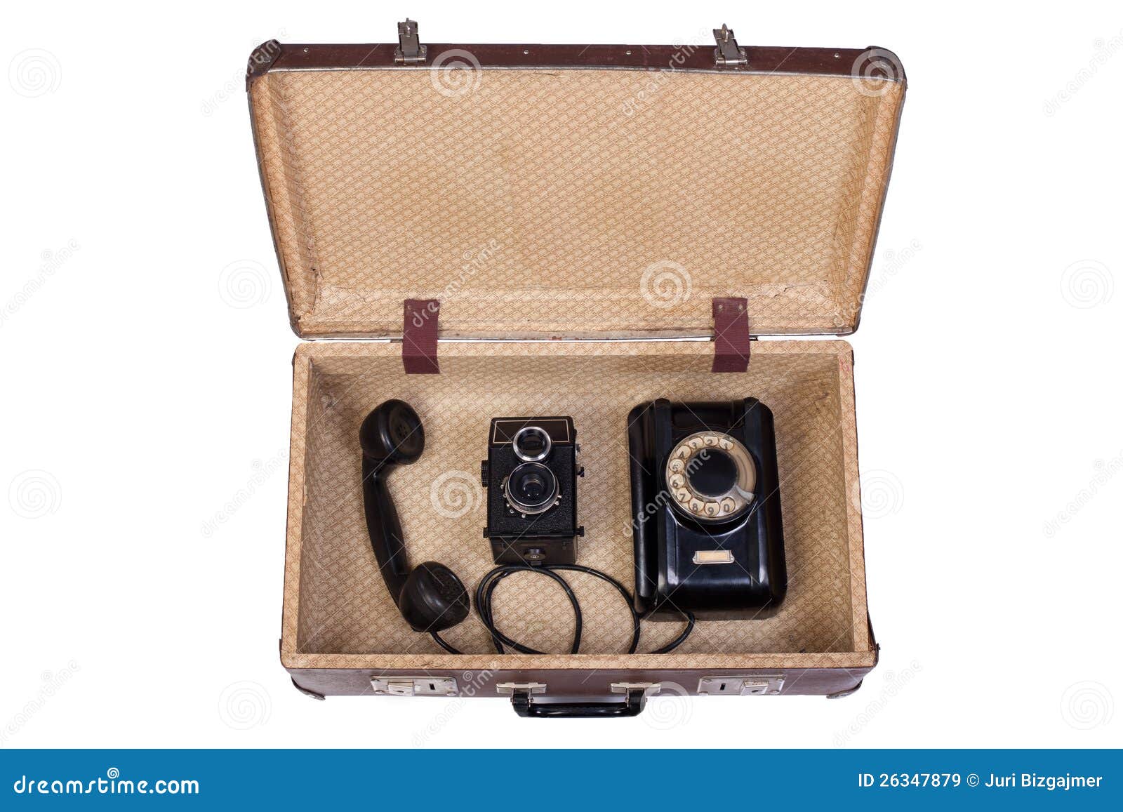 Rotational Phone and Camera in an Old Suitcase Stock Image - Image of ...