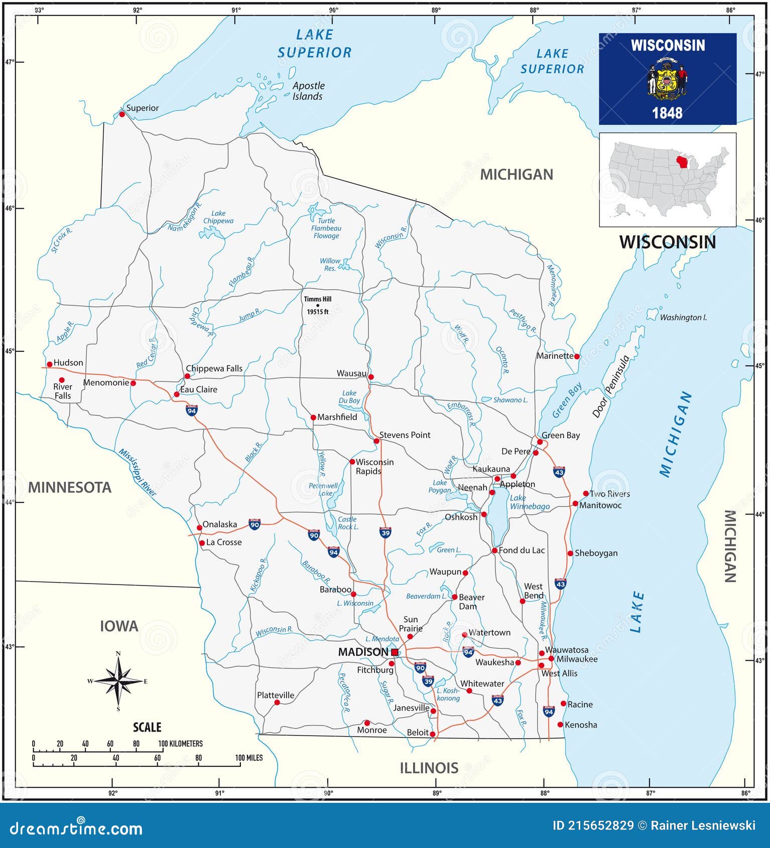 Roteiro Do Estado De WisWisconsin Dos Eua Com Bandeira Ilustração Stock ...